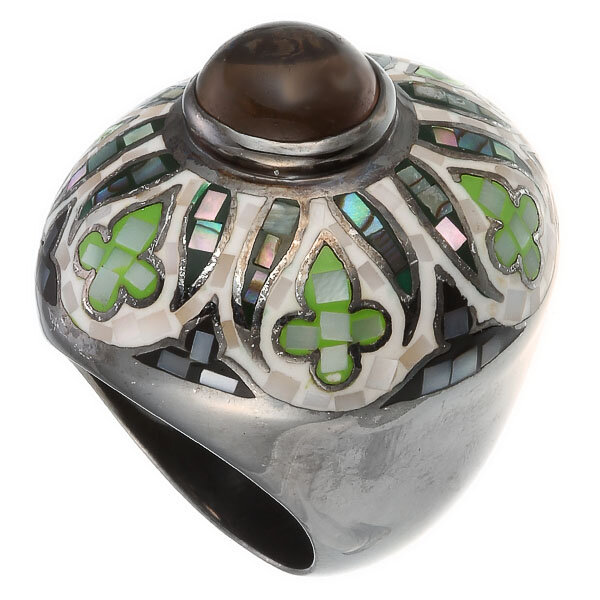 Перстень, серебро, 925 проба, родирование, перламутр, эмаль, раухтопаз