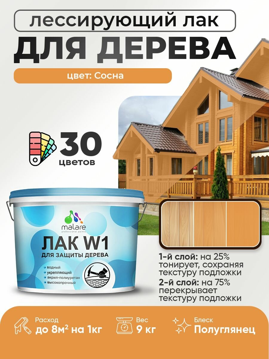 Лак колерованный тонирующий для дерева Malare W1 для деревянных и минеральных поверхностей, моющийся без запаха быстросохнущий, полуглянцевый, сосна, 9 кг.