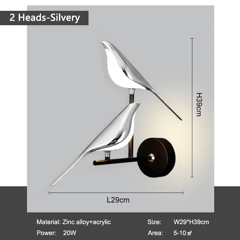 Светодиодные подвесные светильники с птицами для спальни, Silver-2 Heads, Белый, Cool White