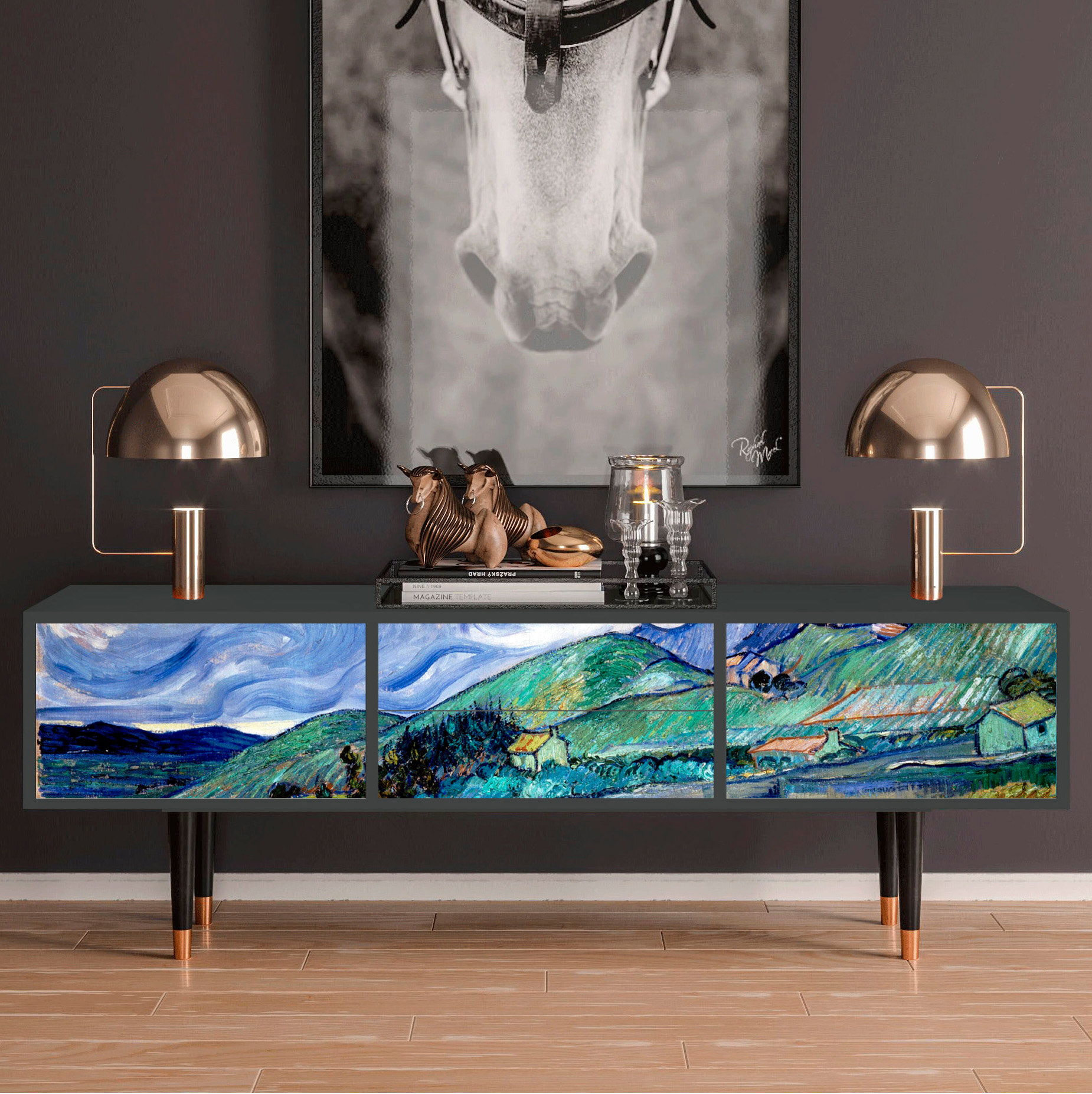 ТВ-Тумба - STORYZ - T4 Landscape from Saint-Rémy by Vincent van Gogh, Размер - 170 x 59 x 48 см, Цвет корпуса - , Антрацит