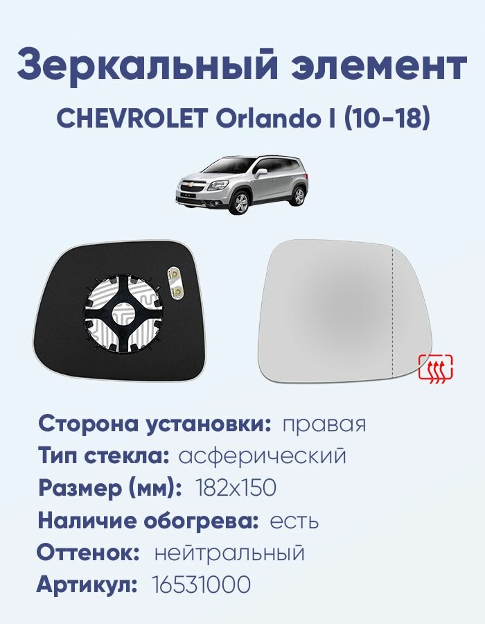 Зеркальный элемент правый CHEVROLET Orlando I (10-18) асферика нейтральный с обогревом