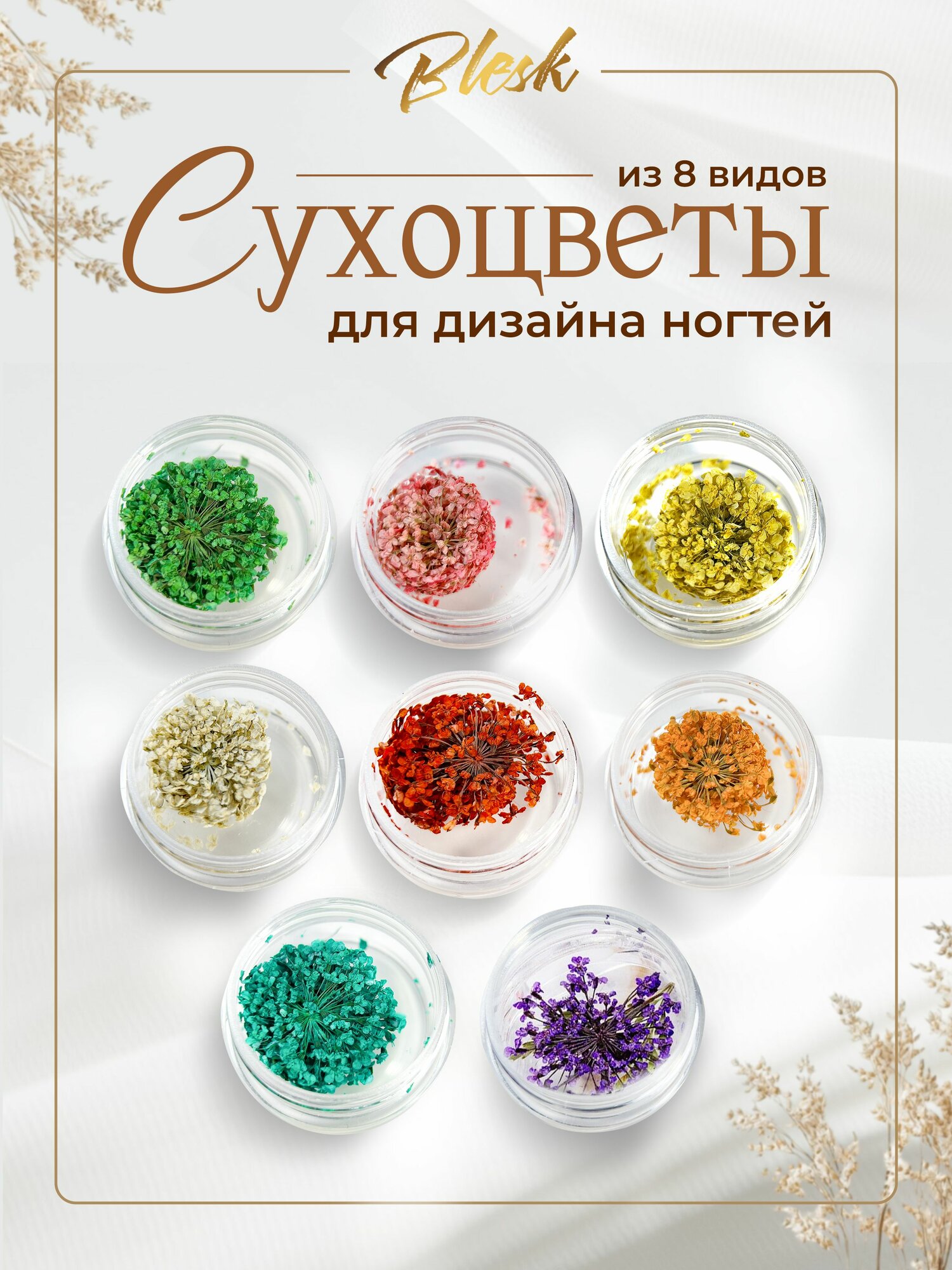 Сухоцветы для дизайна ногтей Blesk №15, разноцветные, набор 8 штук.