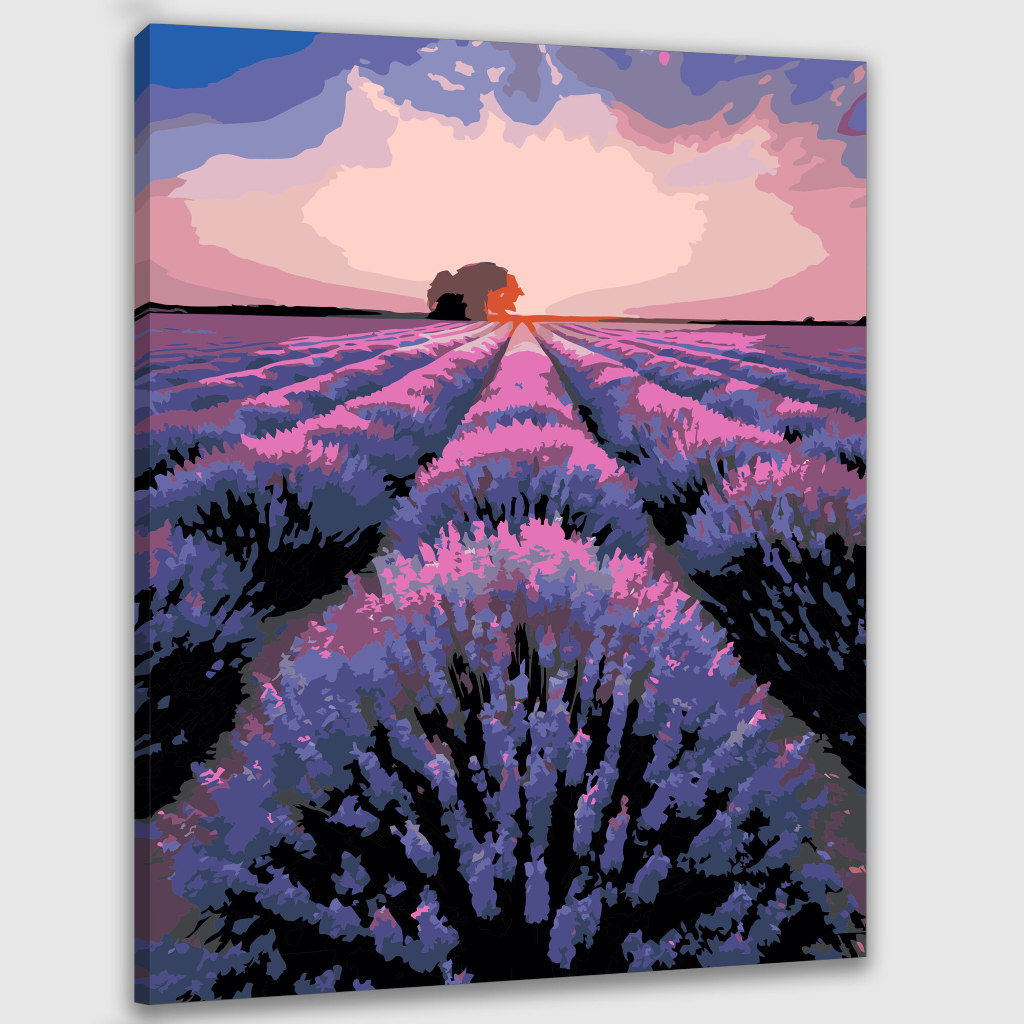 Картина по номерам 40x50 см, лавандовое поле, яркие фиолетовые оттенки, низкий угол, голубое небо