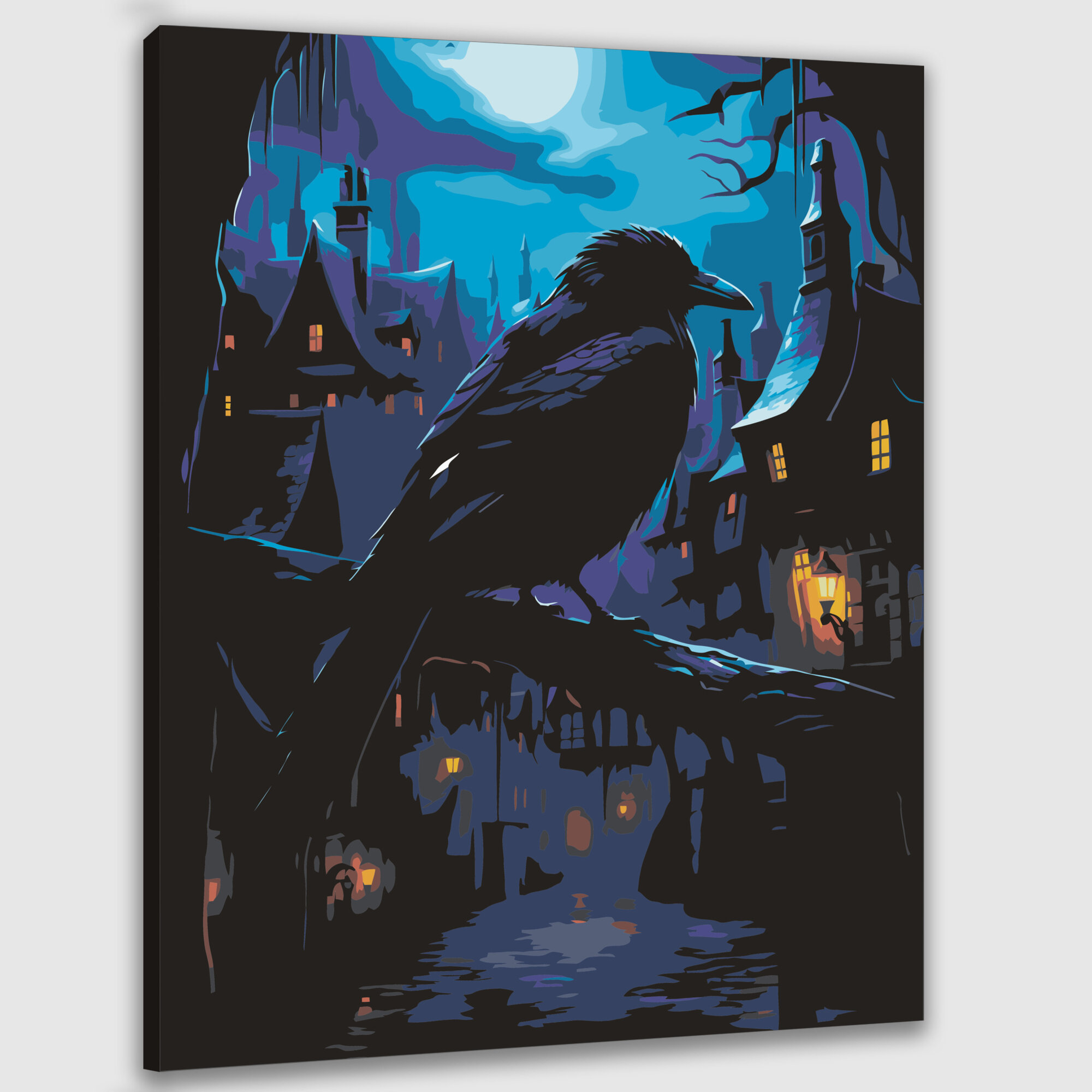 Картина по номерам 40x50 см, мрачная, таинственная, цифровая картина, ворона, крадет счастье, причудливая деревня