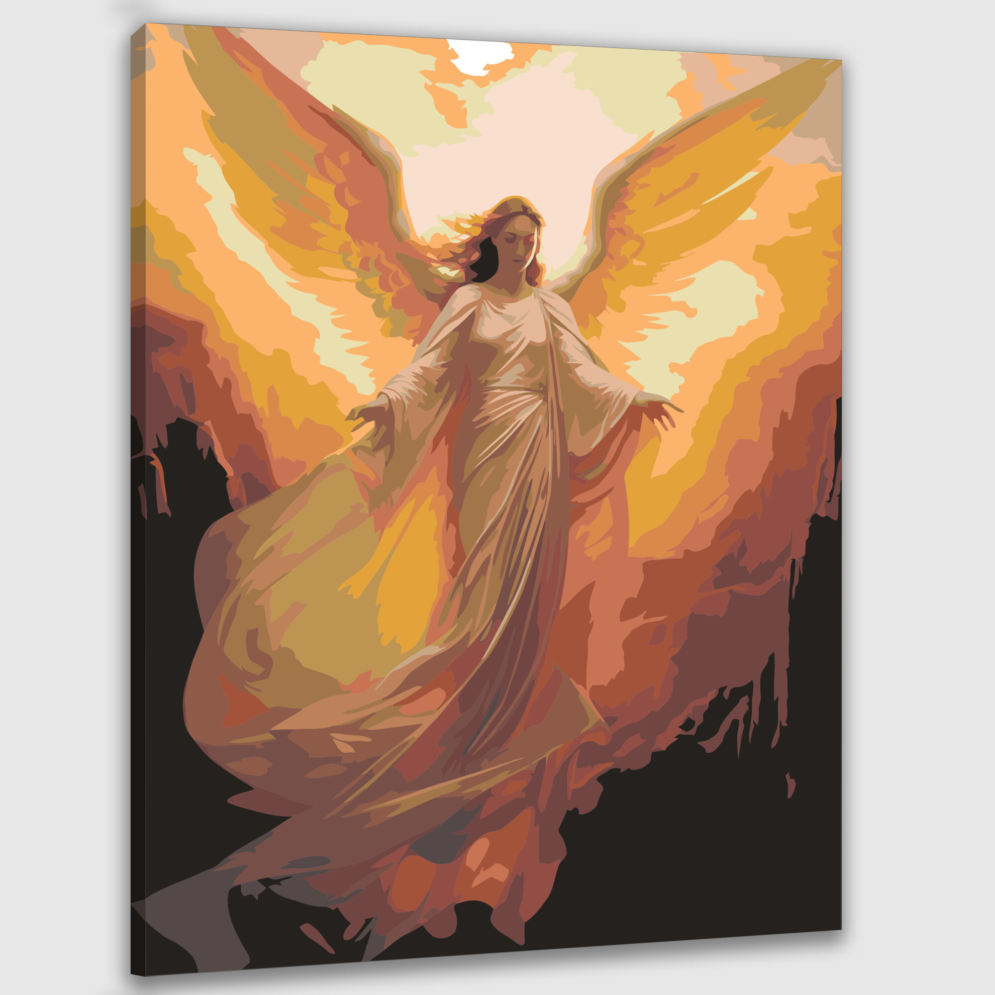 Картина по номерам 40x50 см, картина маслом, ангел, горная вершина, крылья, золотистые оттенки, восход солнца