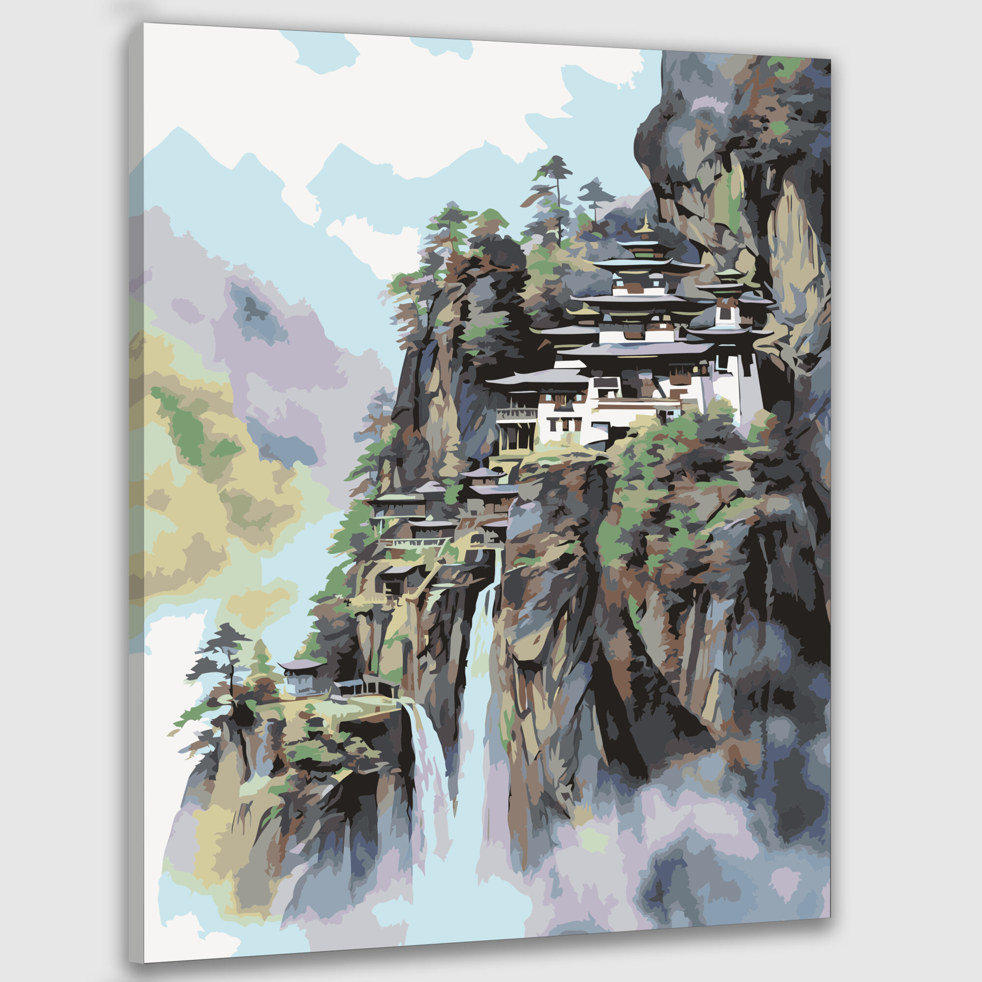 Картина по номерам 40x50 см, акварель, храм, горы, Бутан, туман, флаги, молитвенные, ветер, спокойствие, духовность