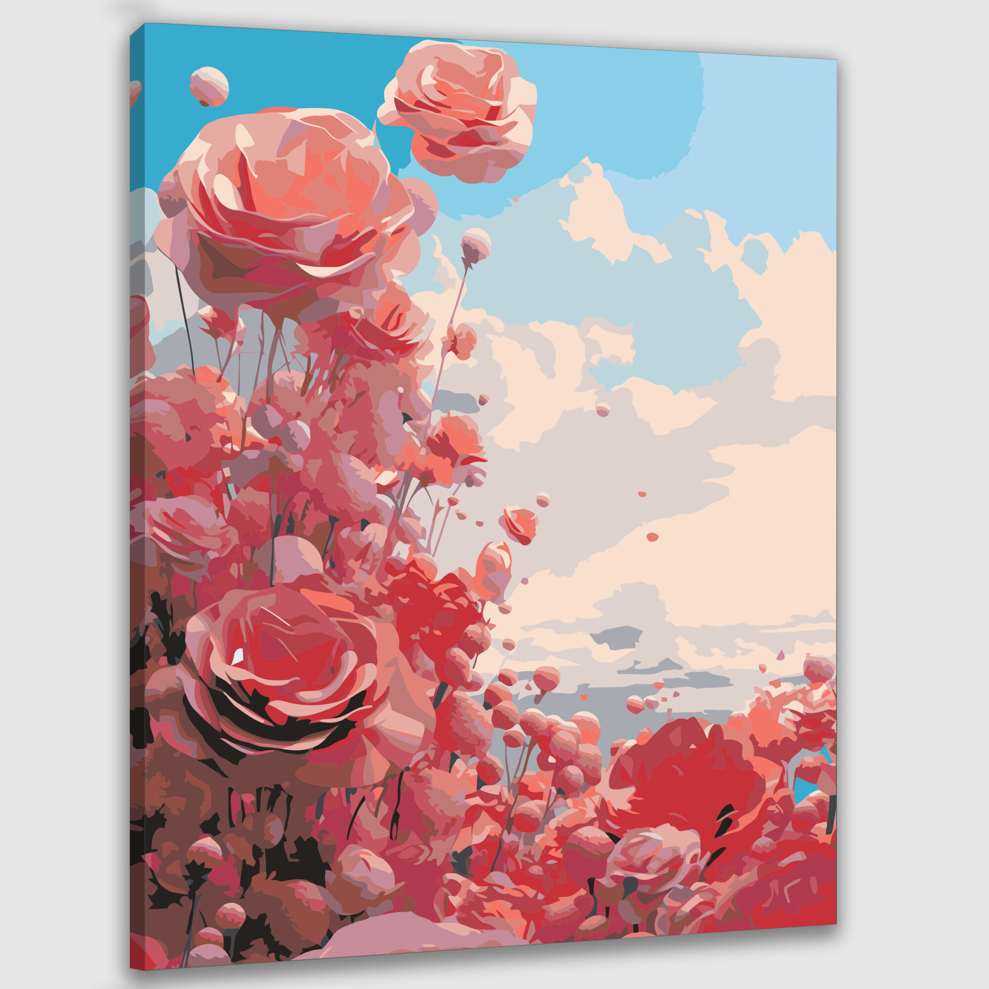 Картина по номерам 40x50 см, сюрреализм, цифровое искусство, поле, розы, яркие оттенки, красный, розовый, желтый