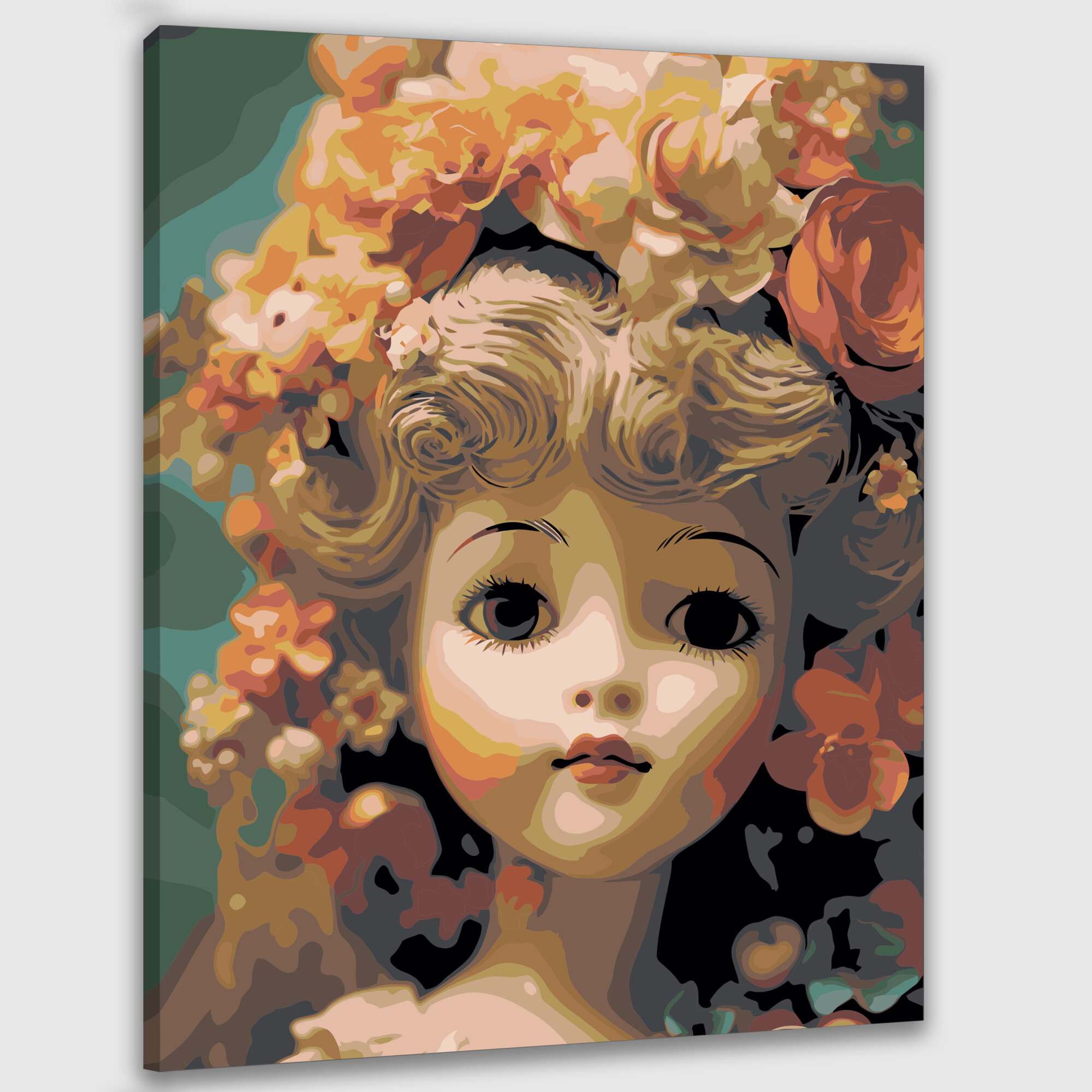 Картина по номерам 40x50 см, винтажная кукла, крупный план, цветочный венок, фарфоровое лицо, яркие цвета