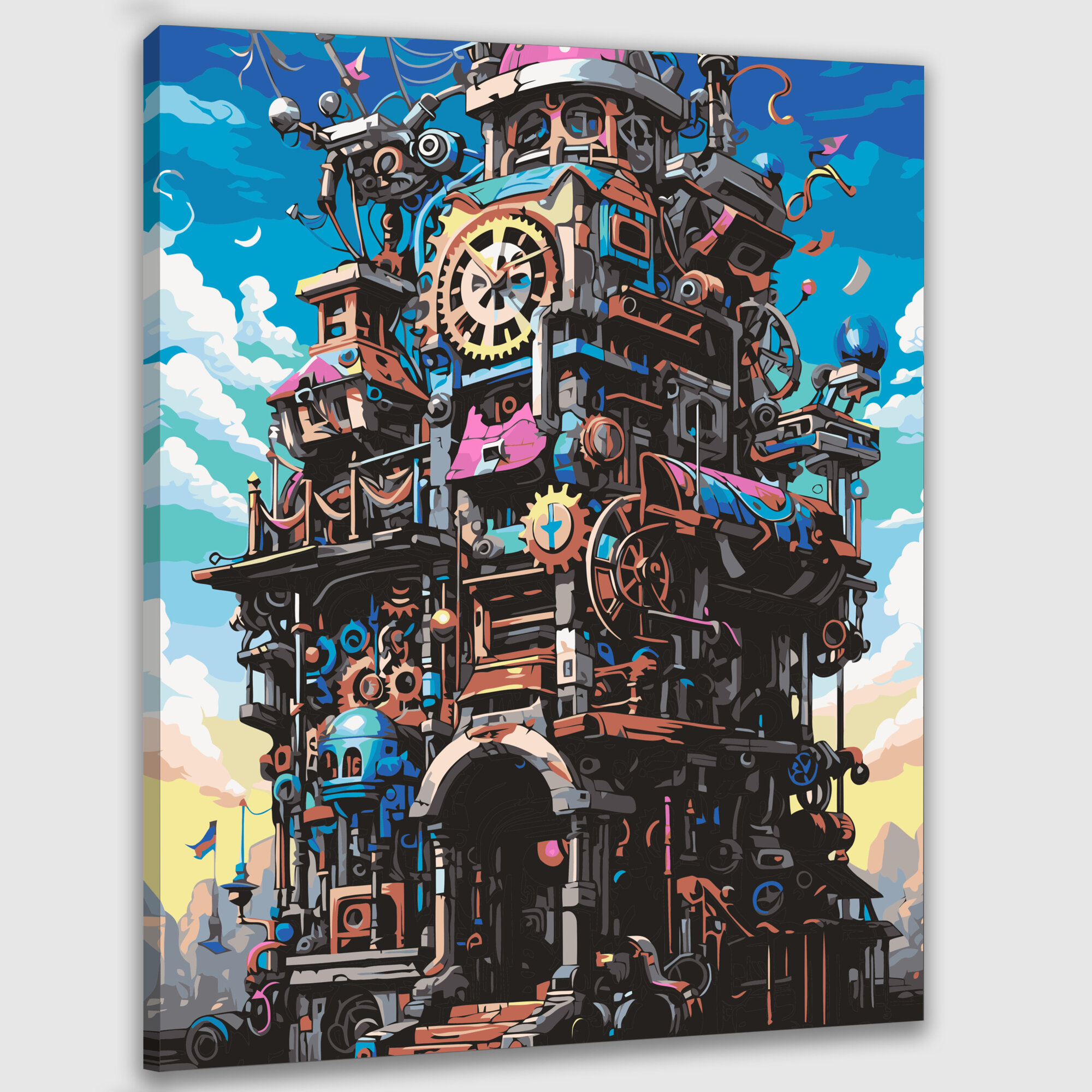 Картина по номерам 40x50 см, Машина-сюрприз, цифровая иллюстрация, шестеренки, рычаги, кнопки, стимпанк, город, здания