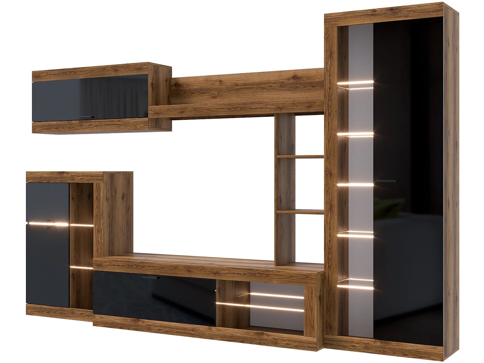 Модульная Гостиная, вариант №4, с подсветкой, Дуб Делано/Черный глянец