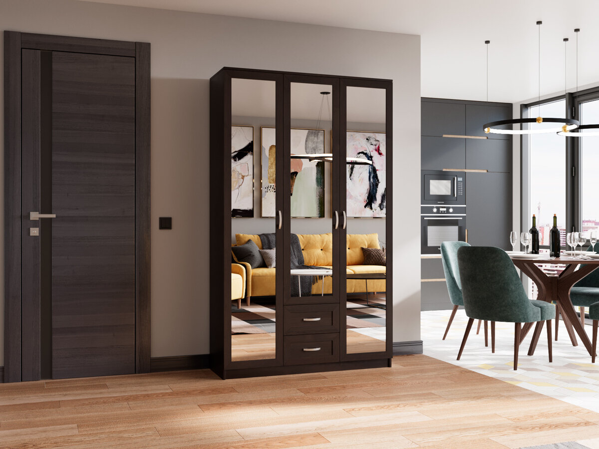 Шкаф распашной Стелла-3 Венге для одежды с зеркалом трехдверный 140*210*50