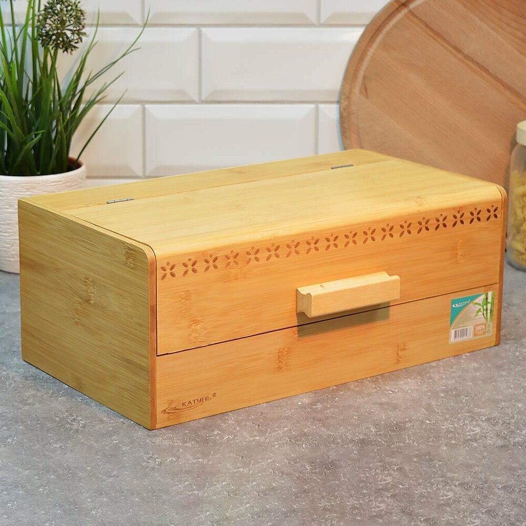 Хлебница из бамбука 36x22x14см с откидной крышкой и перфорацией