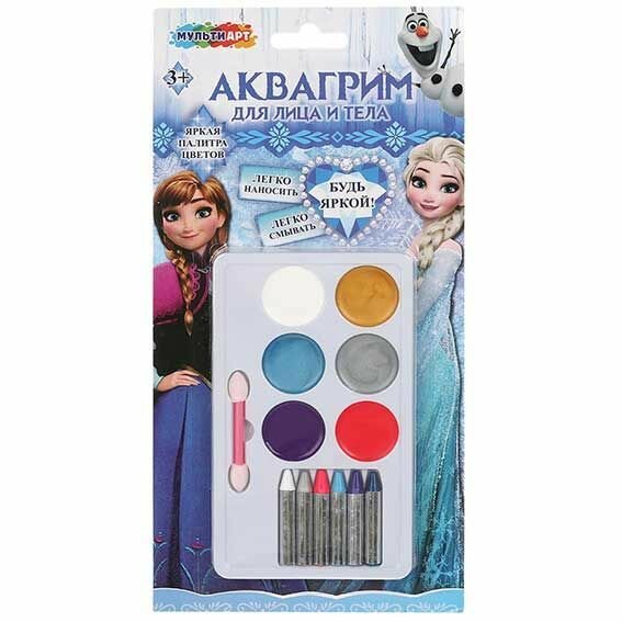 Аквагрим MultiArt Холодное сердце, палетка 6 цветов, карандаши 6 цветов, аппликации