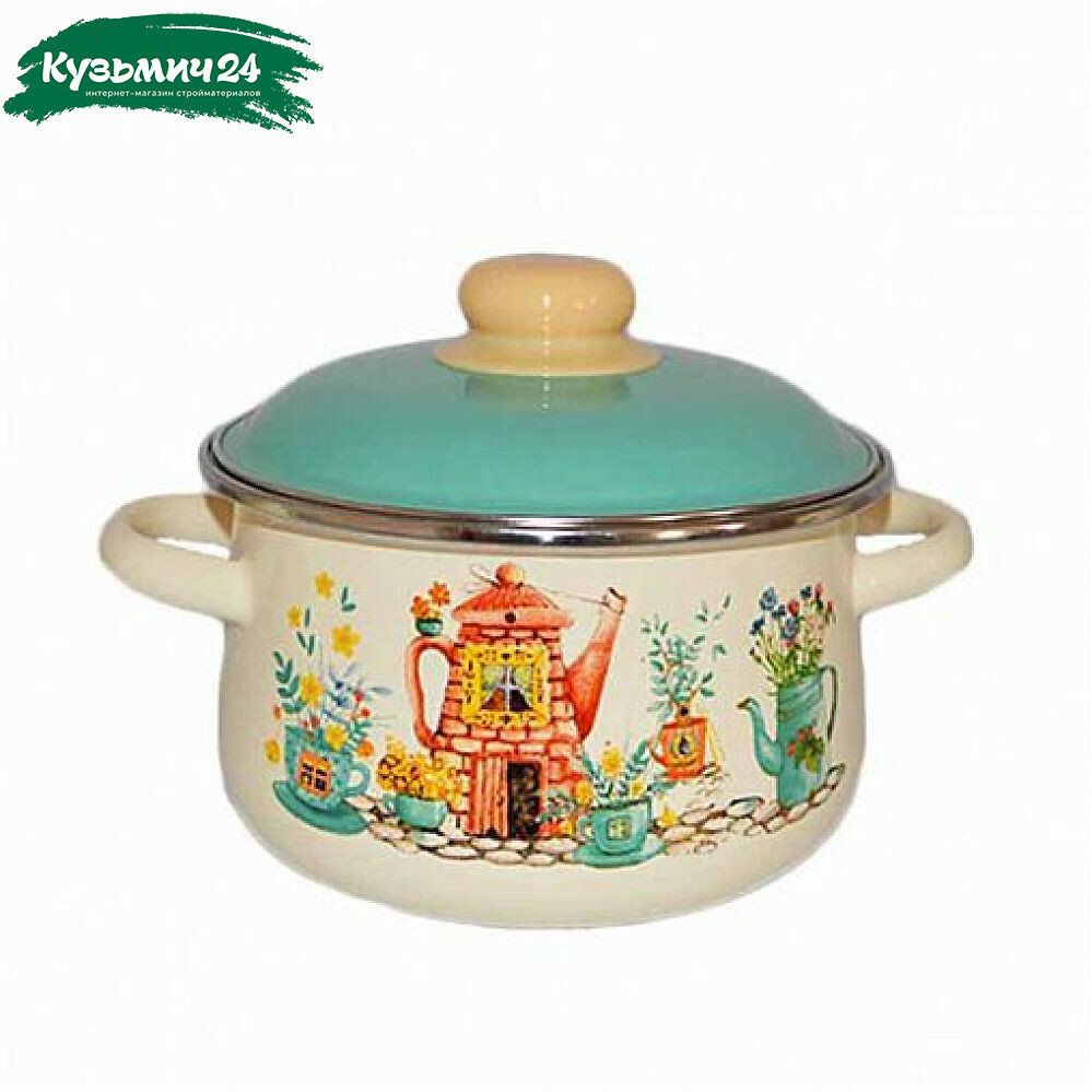 Кастрюля эмалированная СтальЭмаль Чайный домик с крышкой, 2 л
