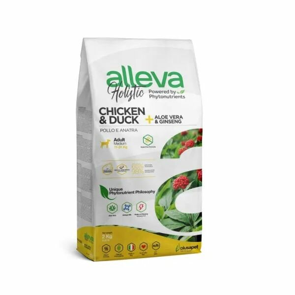 Alleva Holistic Adult Chicken & Duck Medium сухой корм для взрослых собак средних пород с курицей, уткой, алое вера и женьшенем - 2 кг