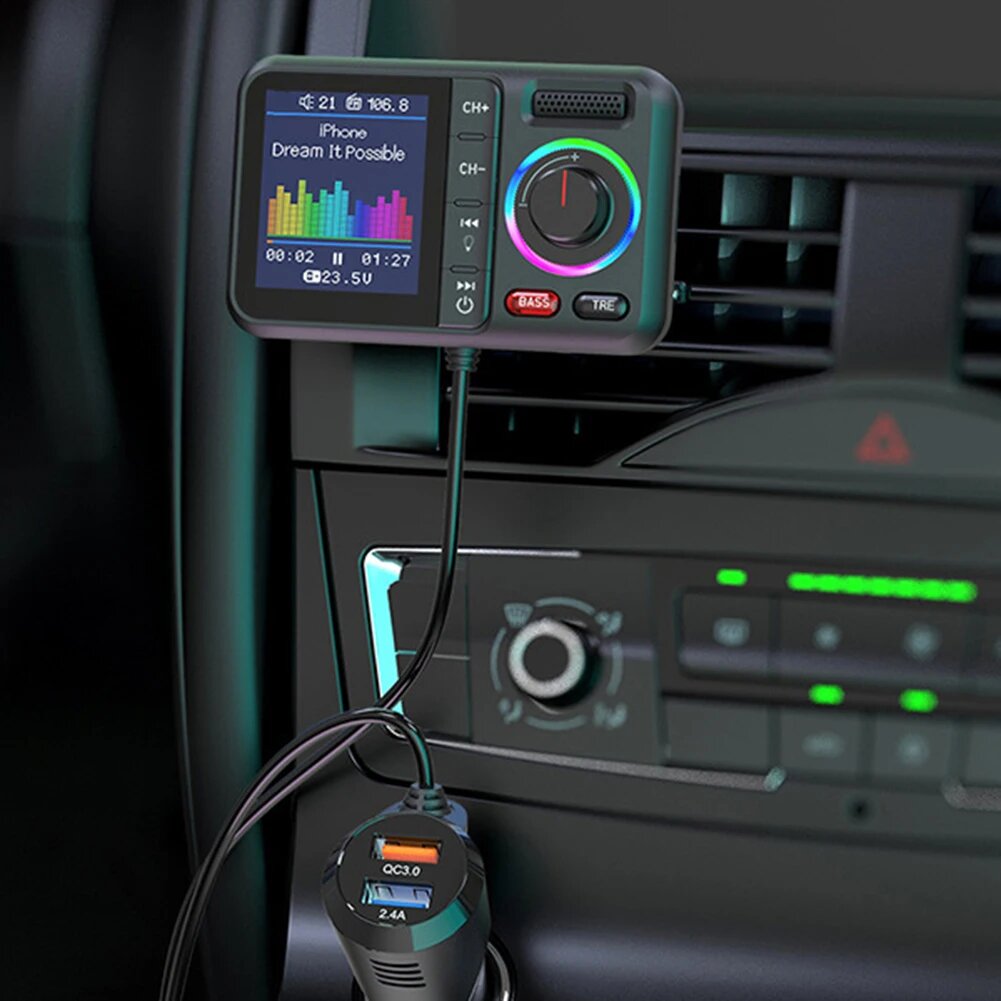 BT FM-передатчик с большим цветным экраном Беспроводной автомобильный адаптер Поддержка QC3.0 Зарядка BT Автомобильный адаптер Громкая связь для автомобиля