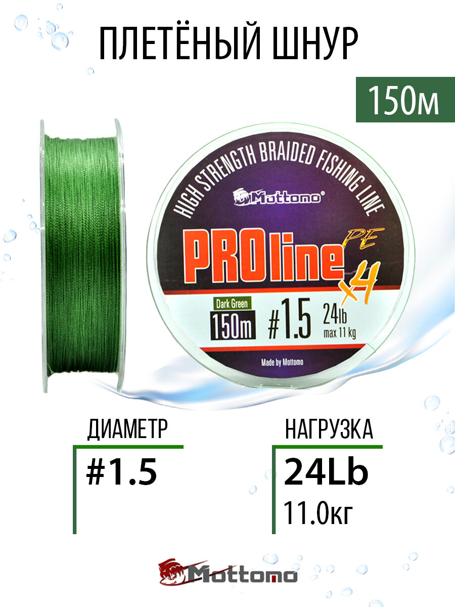 Плетеный шнур Mottomo ProLine PEx4 Dark Green #1.5/11kg 150m, рыболовная плетенка