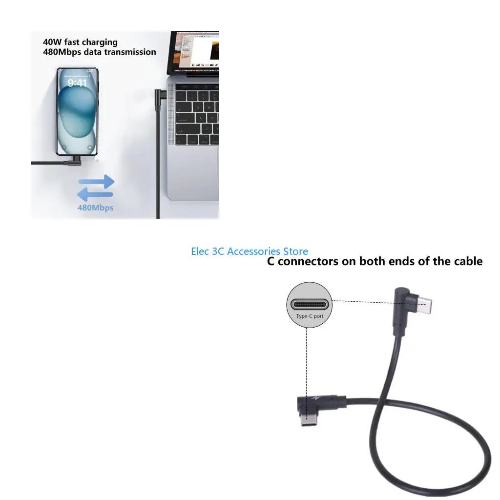 Y51A Угловой кабель 90 градусов типа C, 40 Вт, быстрая зарядка, USB C, шнур типа «папа-папа», 30 см