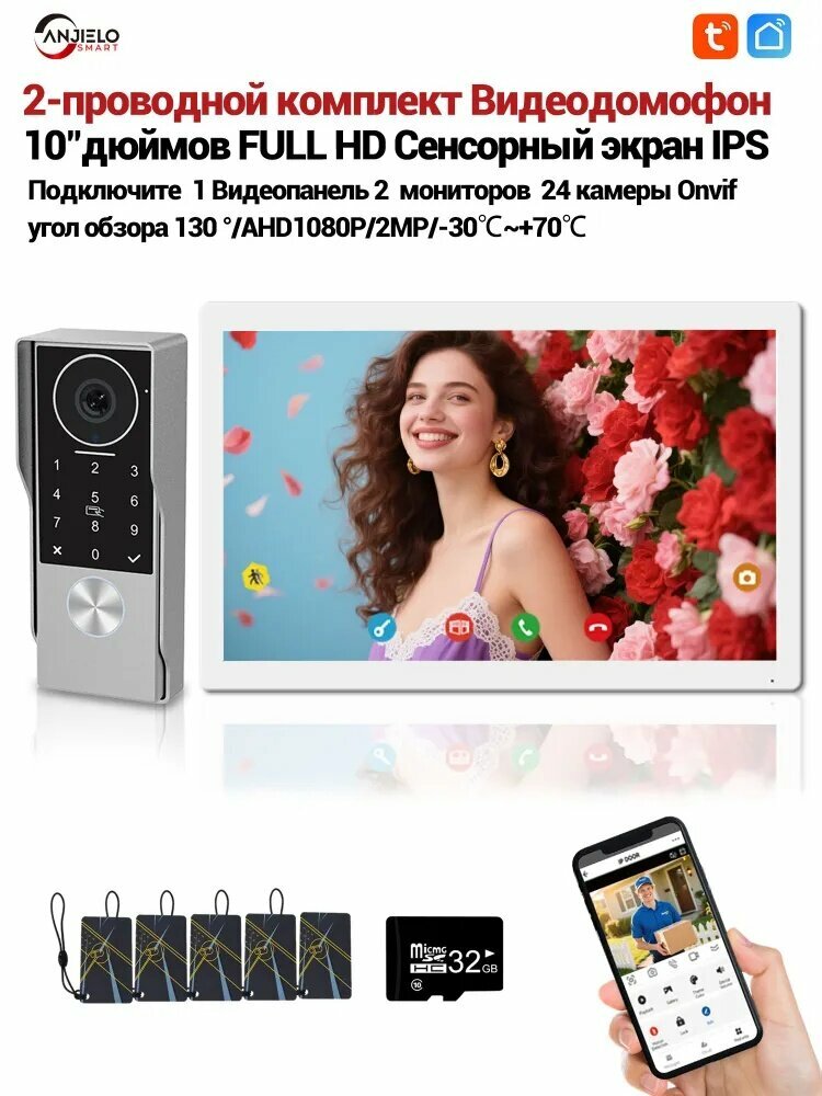 Комплект видеодомофона 2-проводной Морозостойкий -30 Сенсорный монитор 10" Управление замком/калиткой APP Обнаружение людей RFID