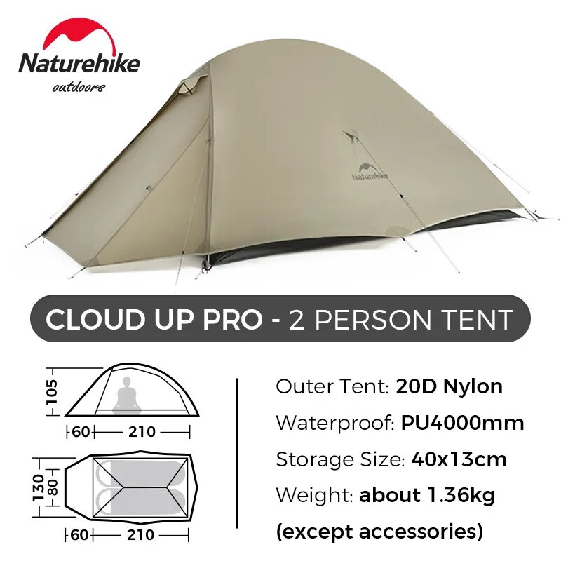 Палатка Naturehike Cloud Up для 2 человек для отдыха на открытом воздухе, ультралегкая 20D палатка, самонесущаяся, для походов, путешествий и треккинга — PRO 2-Sand