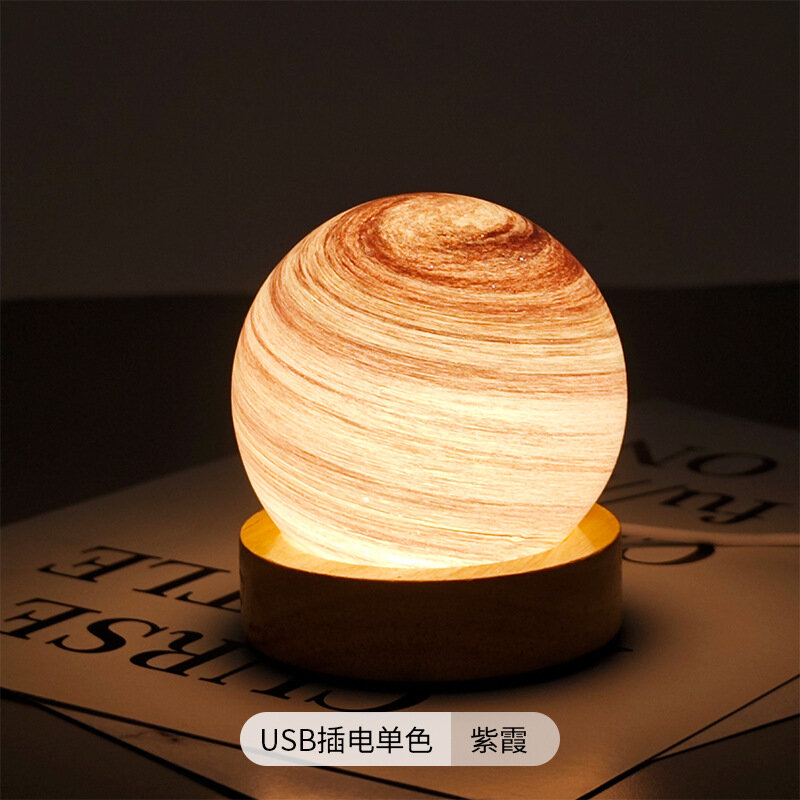Встроенный светильник-ночник "Звездное небо" с абажуром Planet Lampshade на деревянной основе, аккумуляторный ночник Type-C, подарочный светильник Aurora Glass