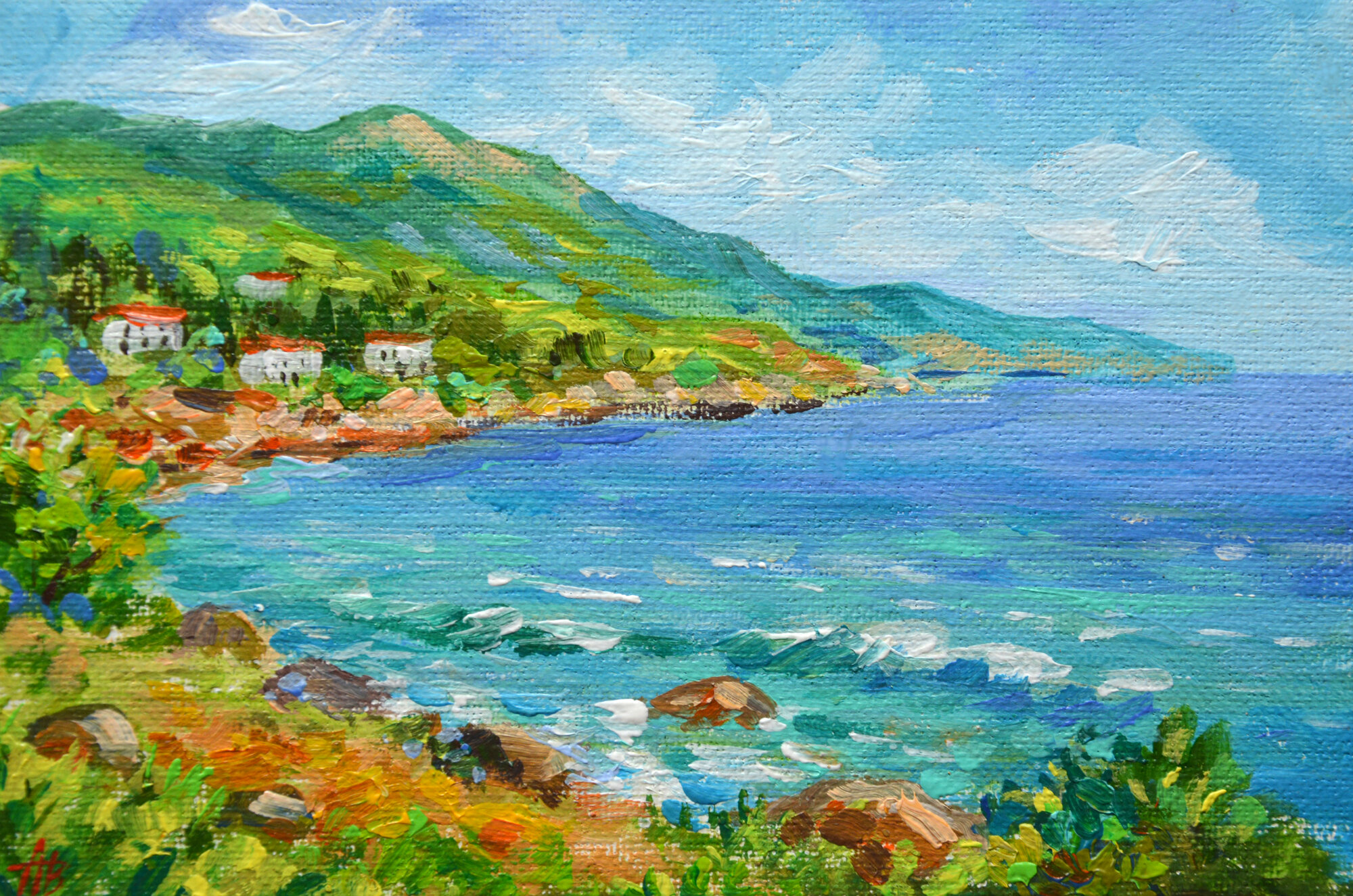 Картина магнитная "Вид на море" 10х15 см, картон/масло, ручная работа