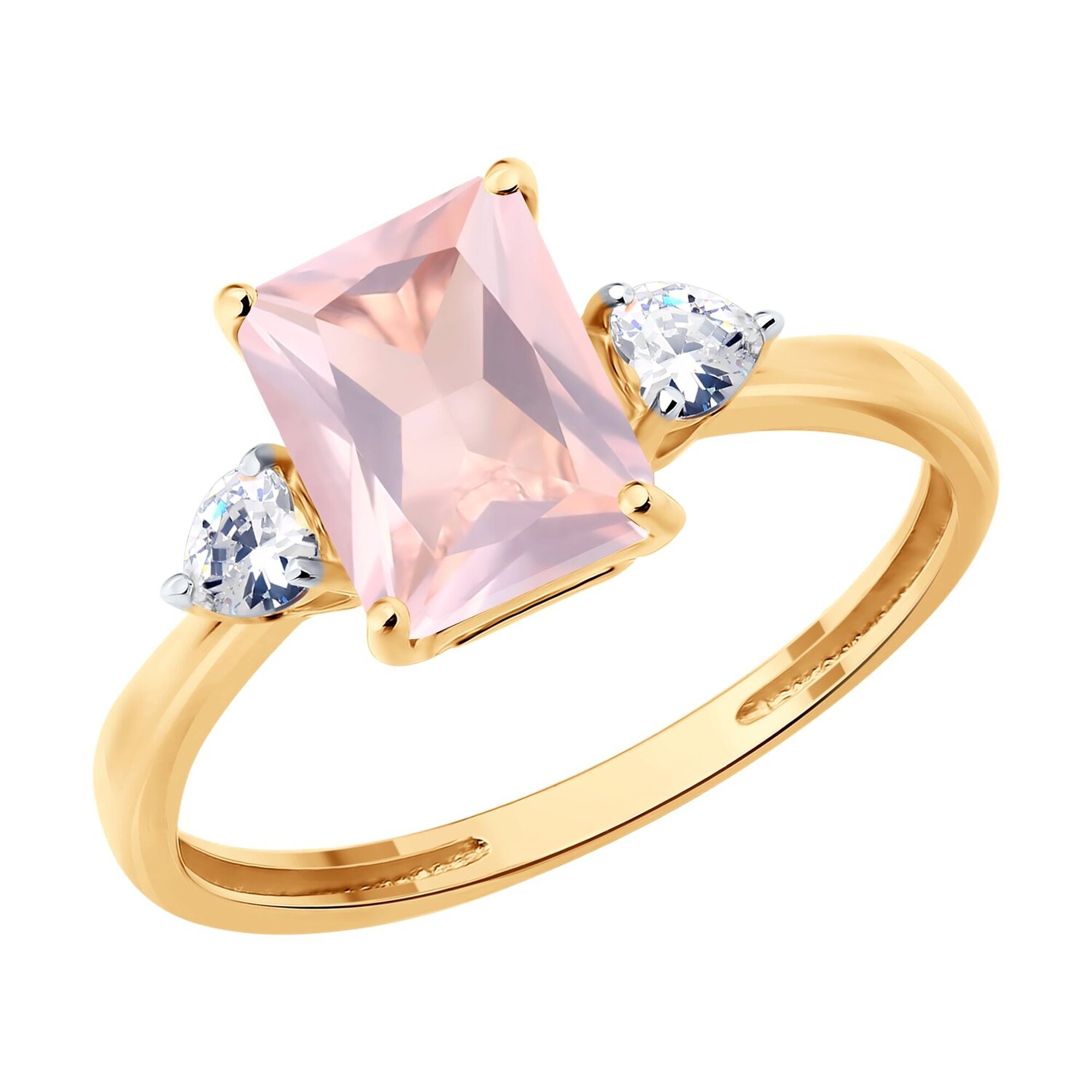 Кольцо, красное золото, 585 проба, фианит, кварц