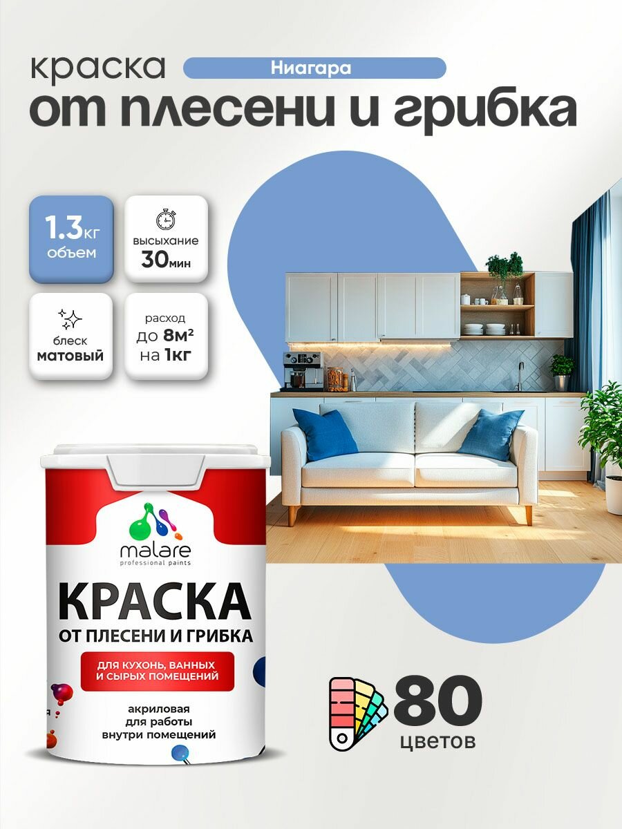 Краска Malare Professional от плесени и грибка, для кухни, ванных комнат и сырых помещений, без запаха матовая, ниагара, (1л - 1.3кг)