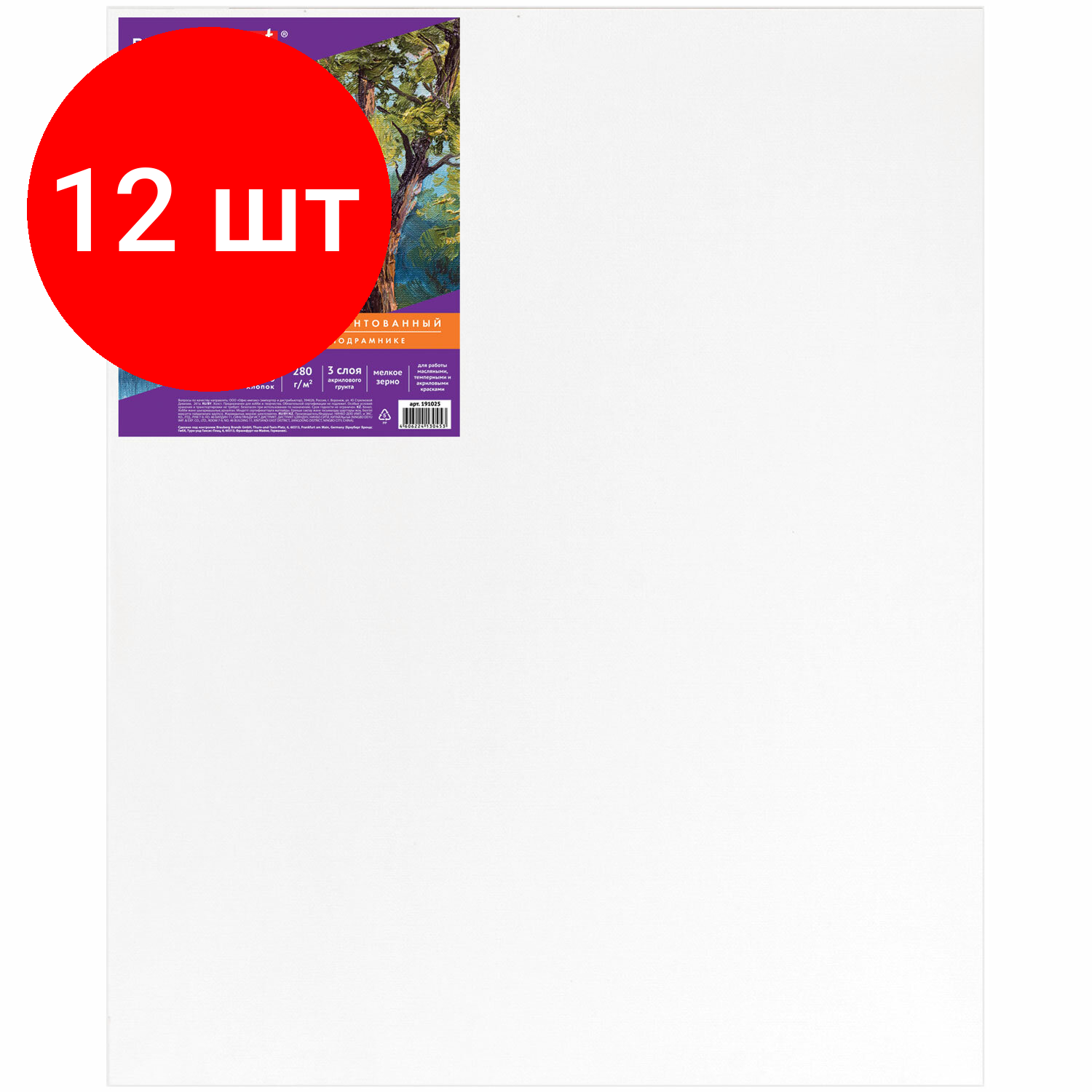 Комплект 12 шт, Холст на подрамнике BRAUBERG ART DEBUT, 50х60см, грунтованный, 100% хлопок, мелкое зерно, 191025