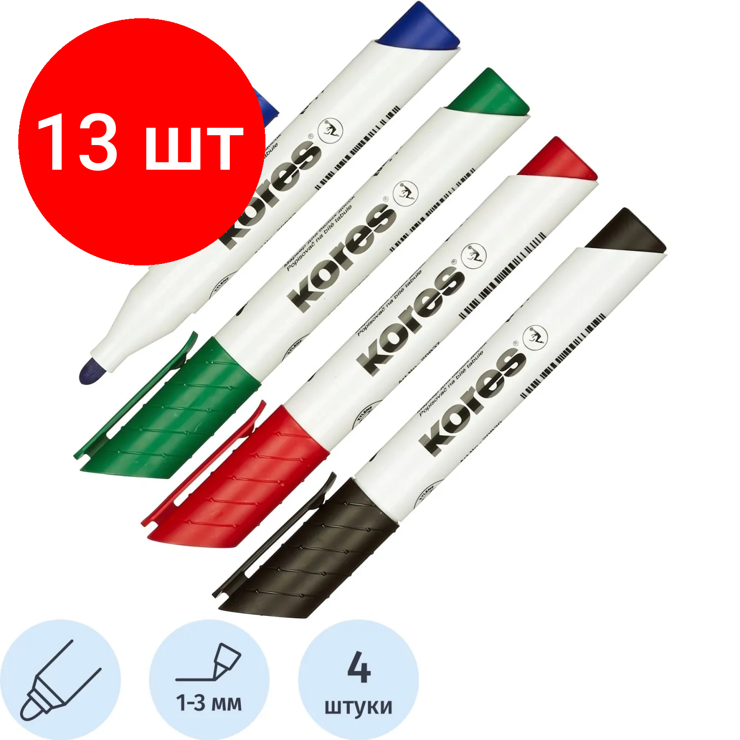 Комплект 13 упаковок, Набор маркеров для белых досок KORES с губкой 3мм 20863