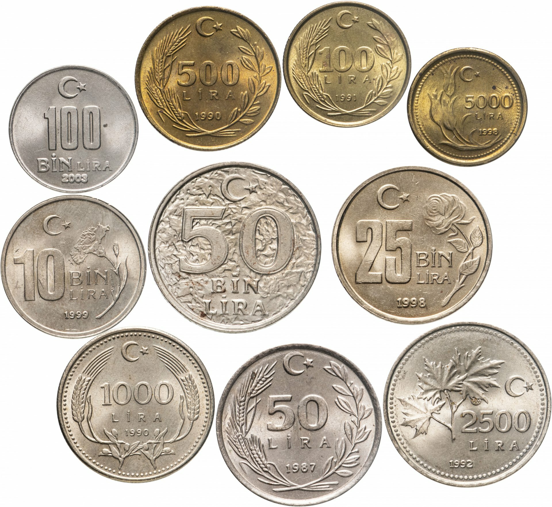Турция - набор 10 шт - 50 - 100000 лир 1984-2003 гг Не частый набор аUNC, Латунь и медно-никелевый сплав, в сохранности AU-UNC