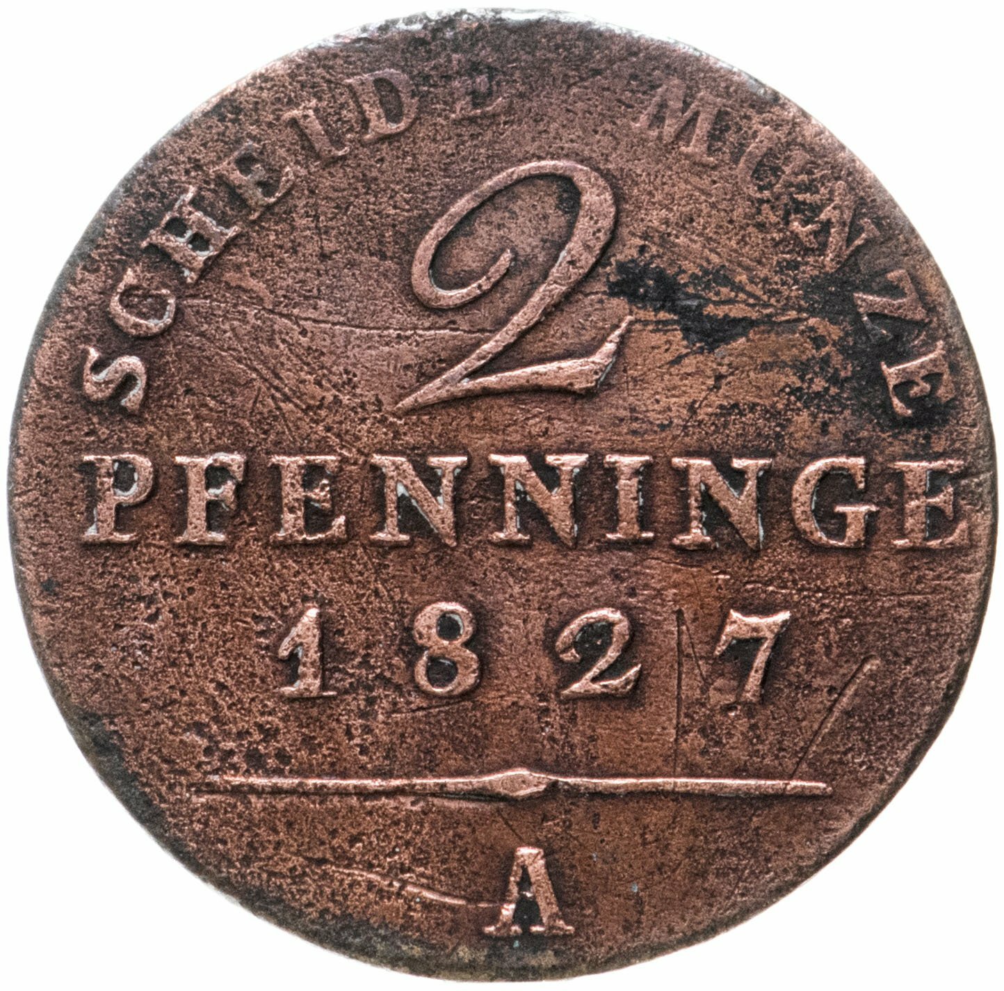 Германия, Пруссия 2 пфеннига 1827, Медь, в сохранности F