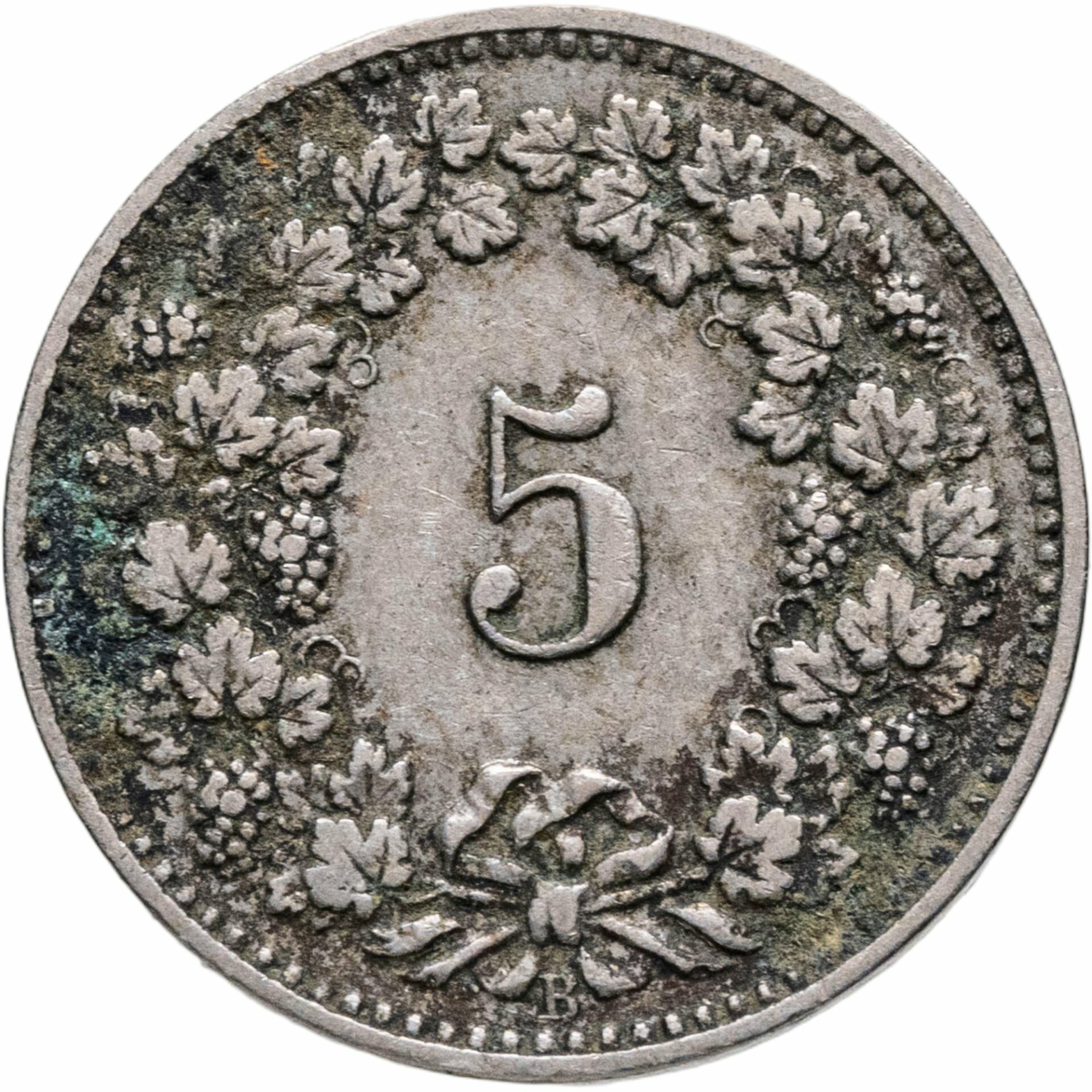 Швейцария 5 раппенов rappen 1901, Мельхиор медь-никель, в сохранности VF-XF