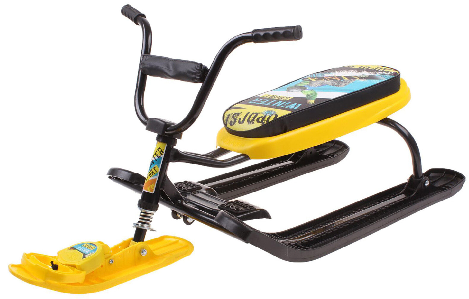 Детский снегокат "Ника-джамп Зимний спорт", зимние снежные санки от 3 лет с удлиненным мягким сиденьем, велоруль и буксировочный трос с автоматической намоткой, усиленный тормоз, цвет желтый