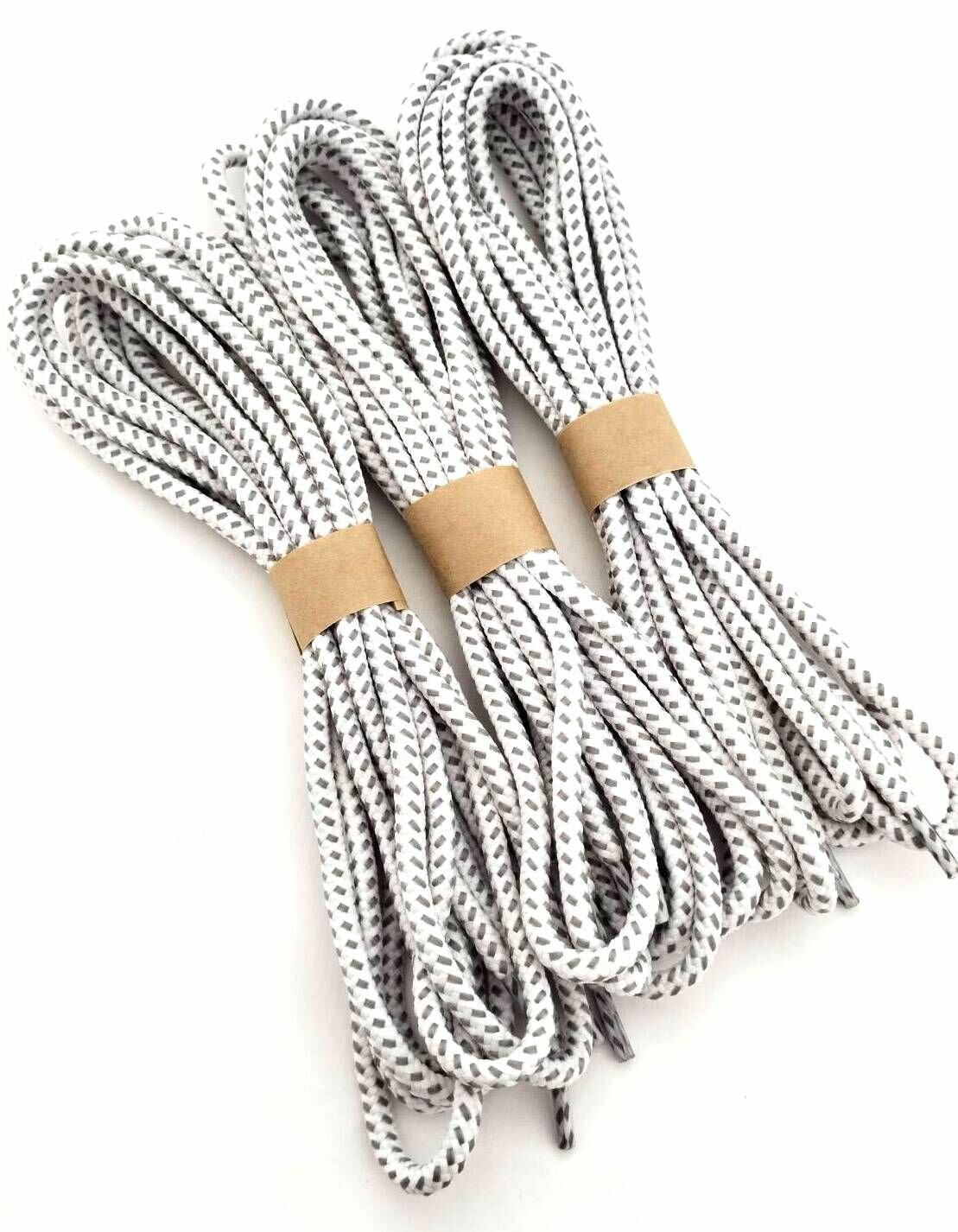 Шнурки круглые 170 см плотные, 3 пары, белые со светло-серым пунктиром
