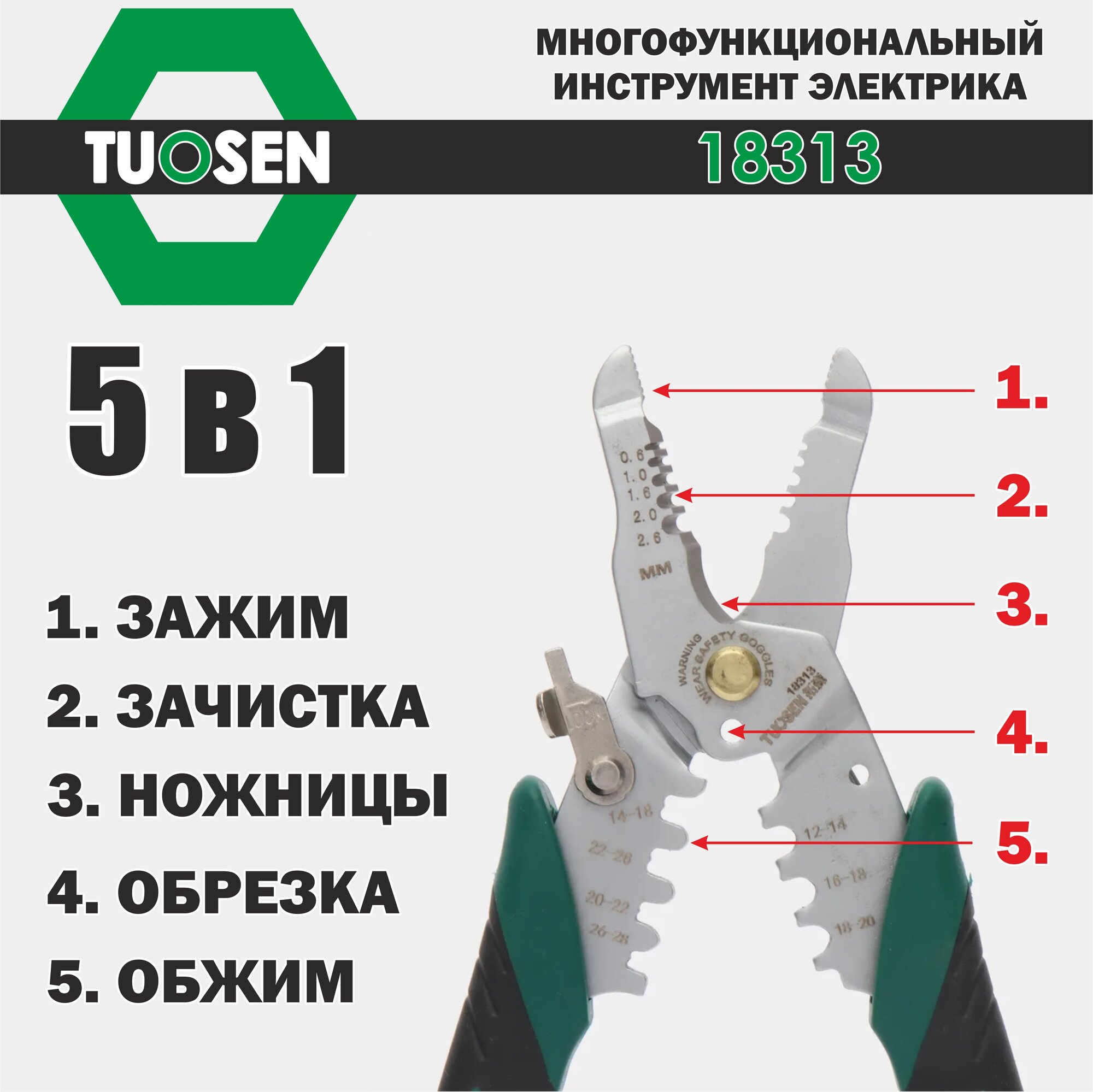 Многофункциональный инструмент электрика Tuosen 18313/ стриппер, кримпер, кусачки и др.