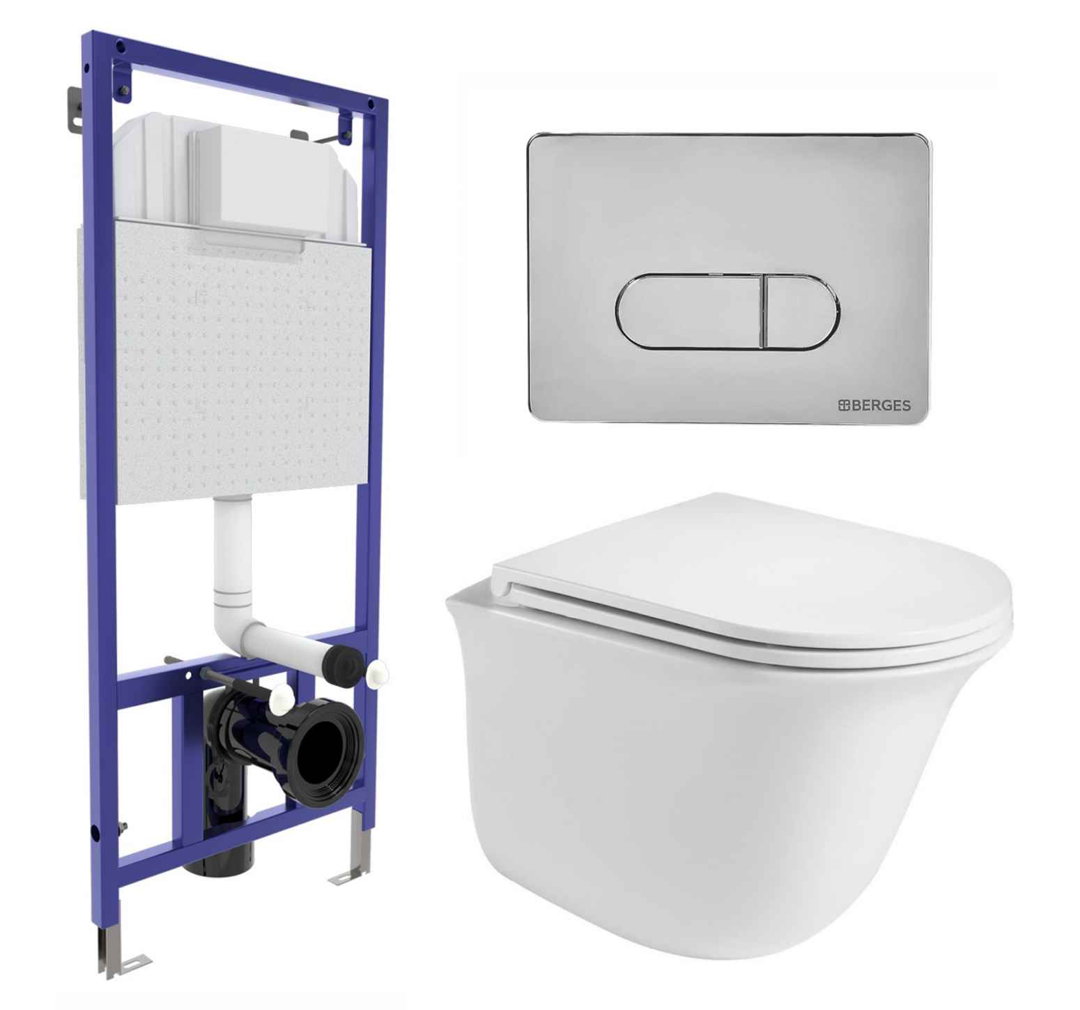 Комплект 3 в 1 инсталляция Berges Wasserhaus Novum 040233 + Подвесной унитаз WeltWasser Telbach 004 GL-WT + кнопка хром