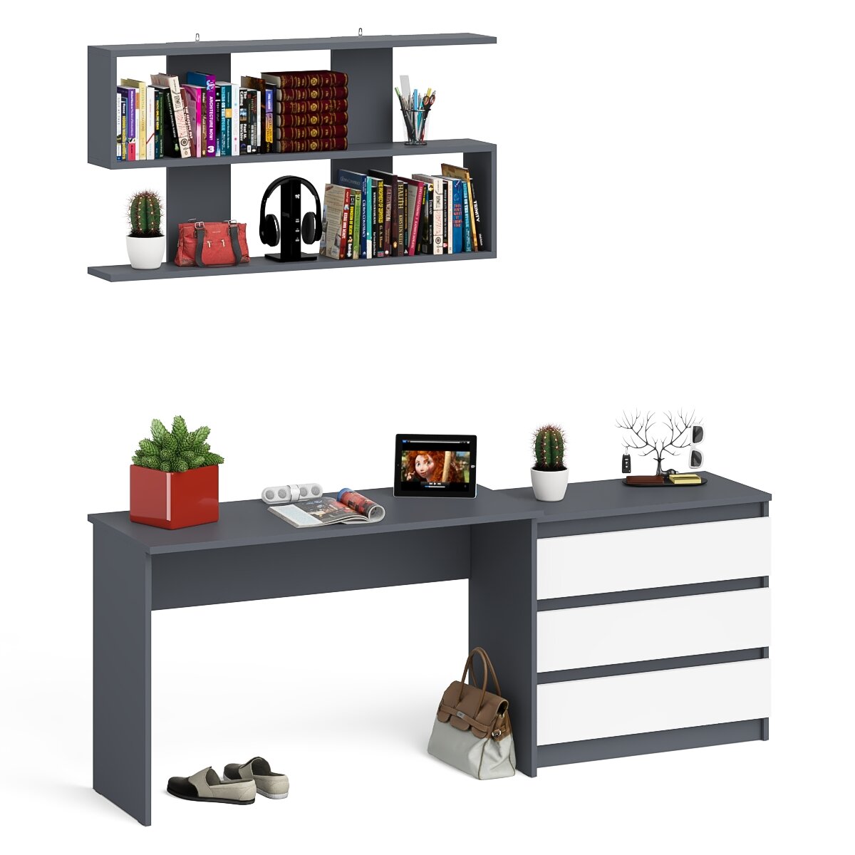 Комод три ящика СВК Мори 800 с письменным столом и навесной полкой цвет графит/белый