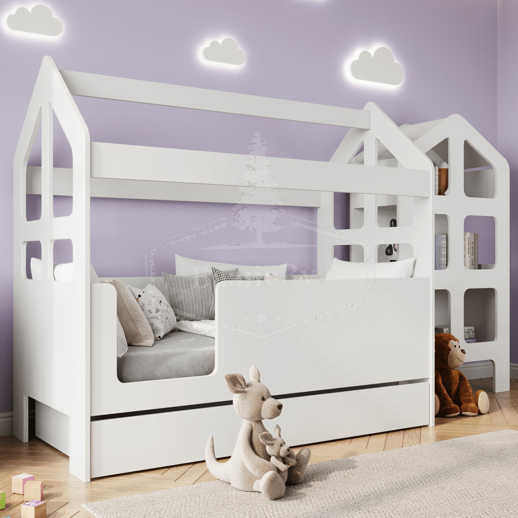 Кровать-домик, Детская кровать с бортиком под матрас 160х80, БазисВуд "Сладкий сон" с ящиком, вход универсальный