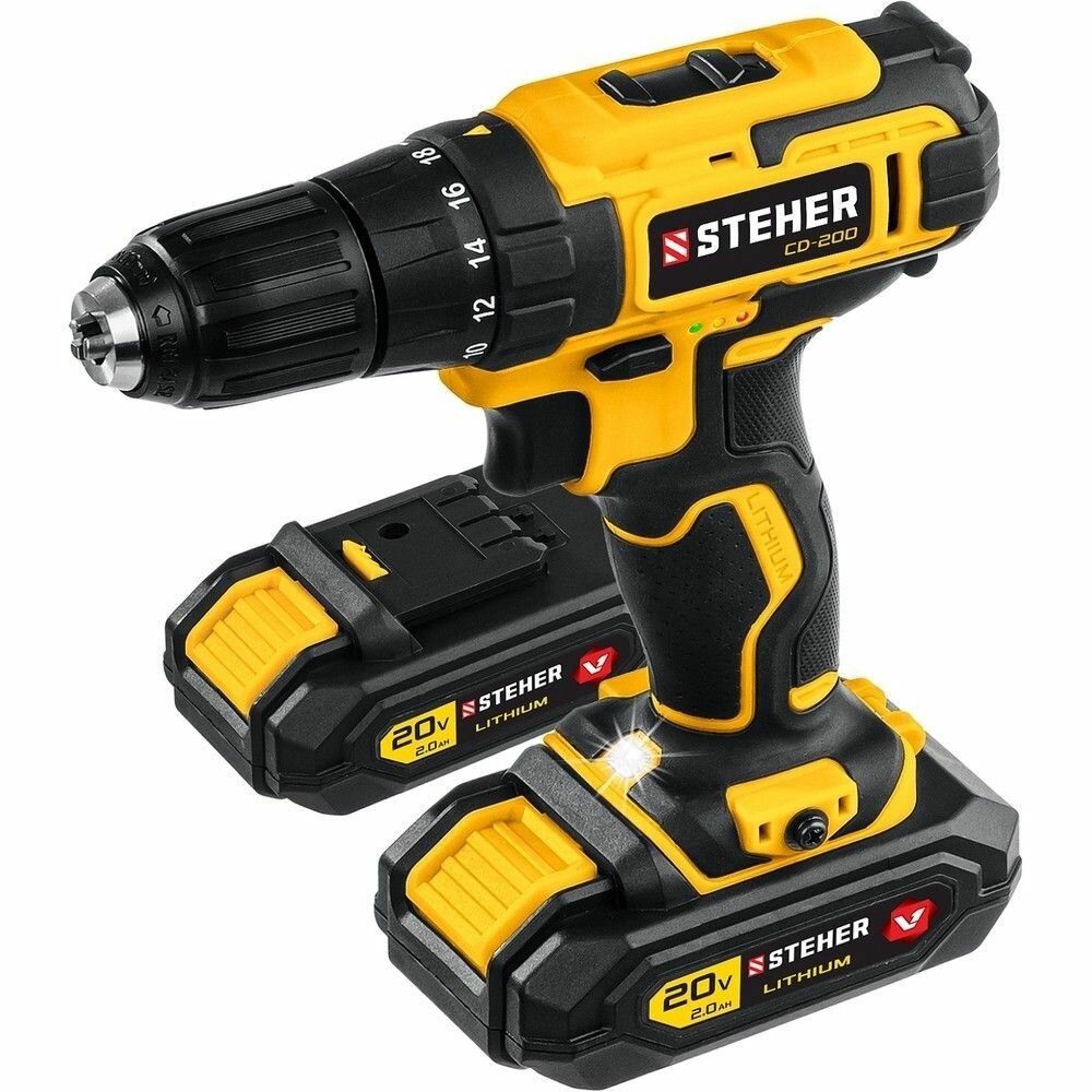 Дрель-шуруповерт, 20В, 2 АКБ (2Ач), в кейсе, STEHER CD-200-2