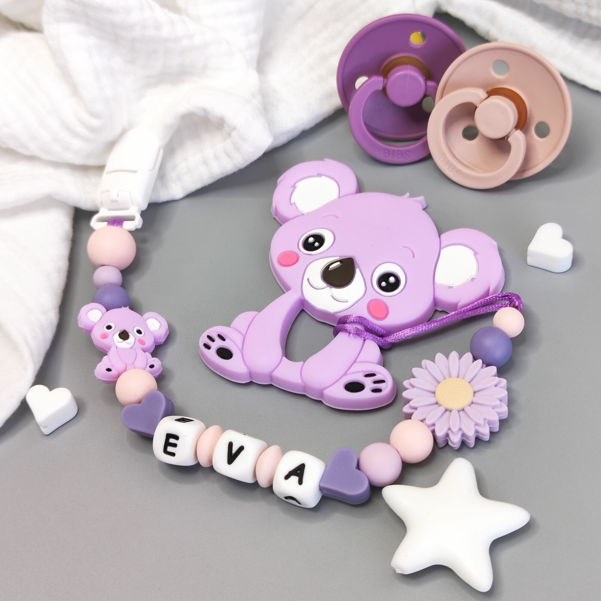 Именной силиконовый держатель для пустышки с грызунком - Ева, Евочка, для новорожденных, прорезыватель