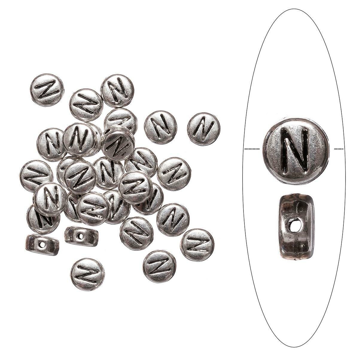 Бусина металлическая, 7х4мм, буква N, базовый материал - цинковый сплав, серебристая с чернением, 10 шт.