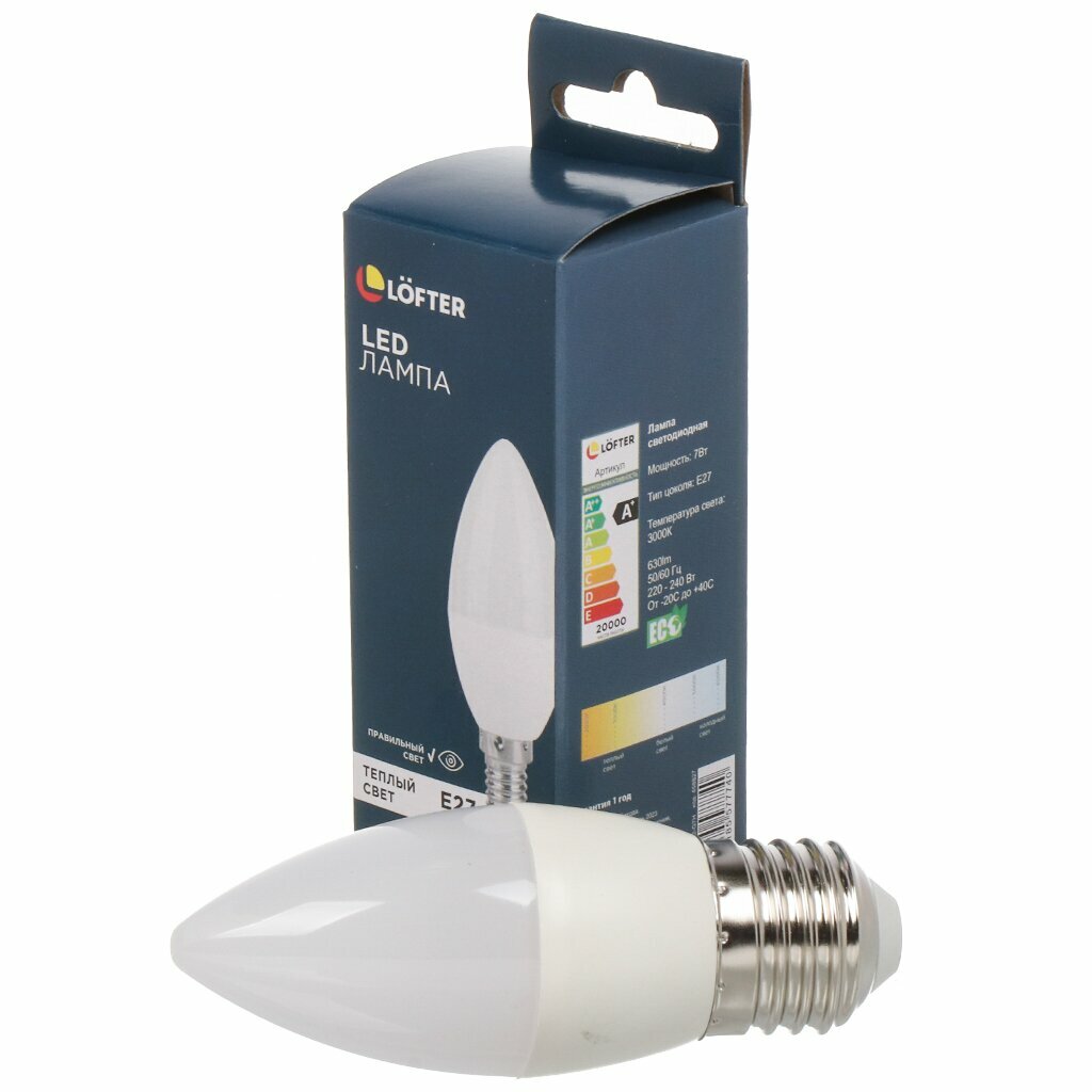 Лампа светодиодная E27, 7 Вт, 60 Вт, 220 В, свеча, 3000 К, свет теплый белый, Lofter