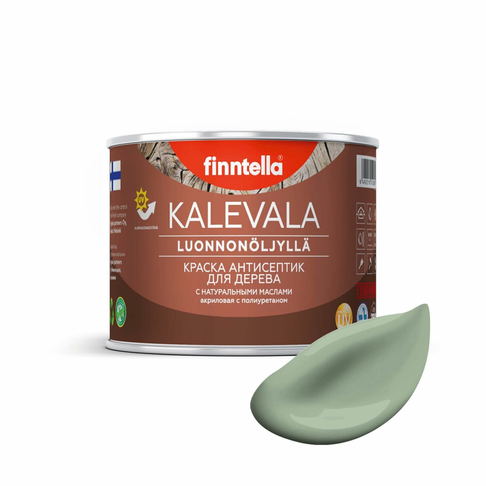 Краска для дерева и деревянных фасадов FINNTELLA KALEVALA, с натуральным маслом и полиуретаном, цвет PASTELLIVIHREA (светло-зеленый хаки) , 0,45л