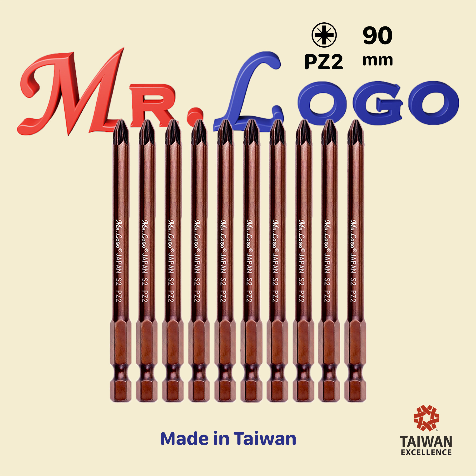 Биты для шуруповерта магнитные PZ2 x 90 мм Mr.Logo Сталь - Японская S2 10 шт