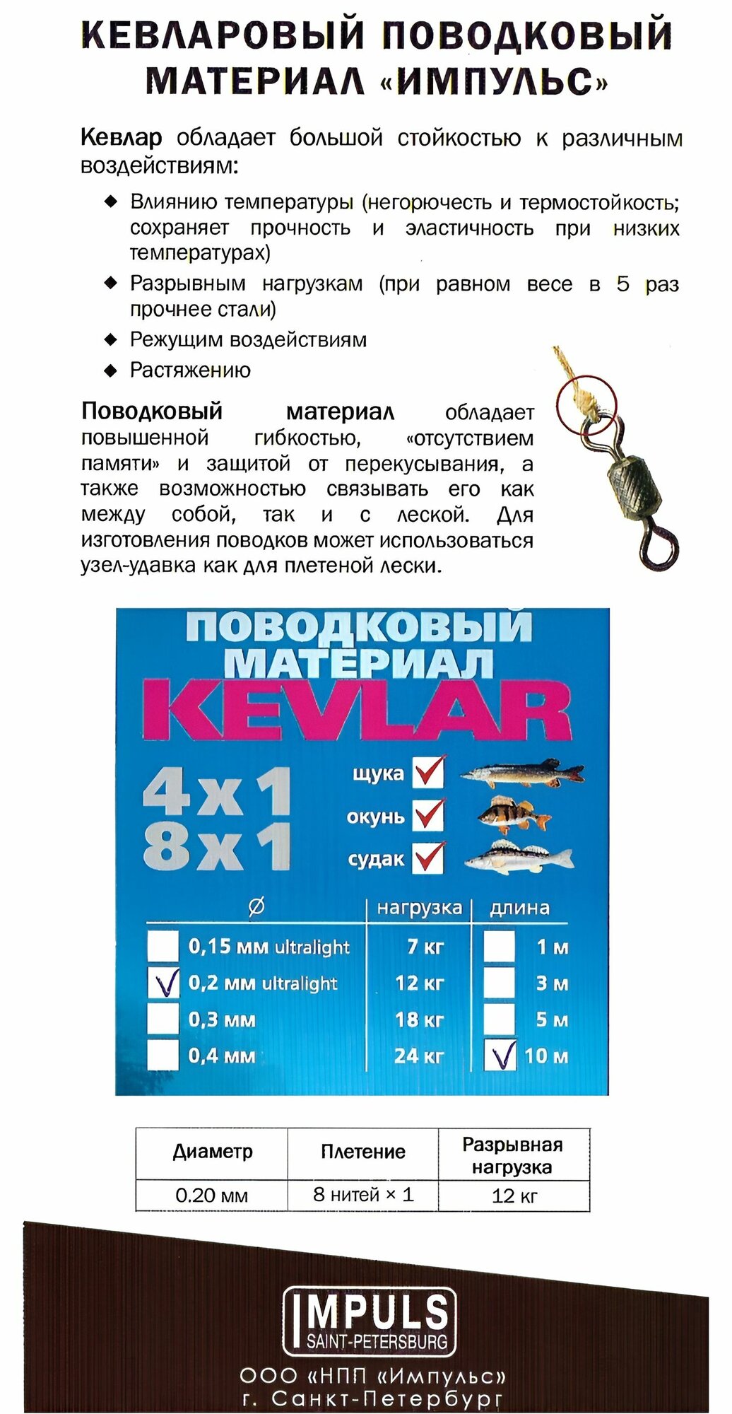 Кевларовый поводковый материал IMPULS 0,2 мм длина 10 м