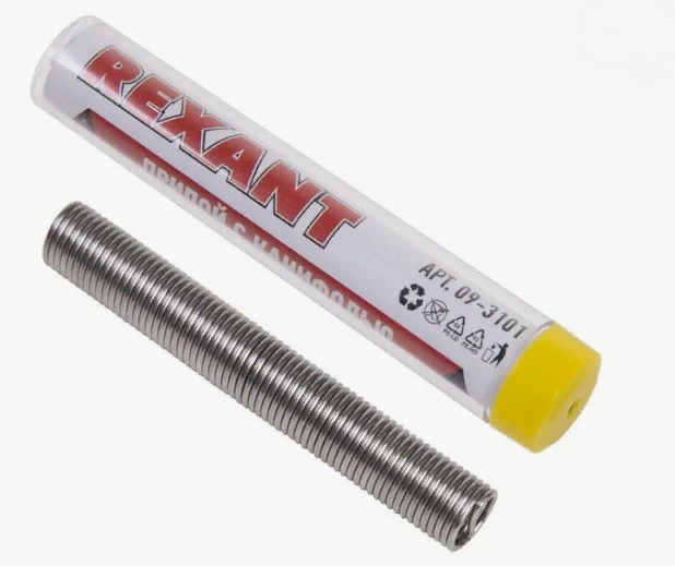 Припой с канифолью. 2 метра ПОС-61 d=1мм 10гр REXANT