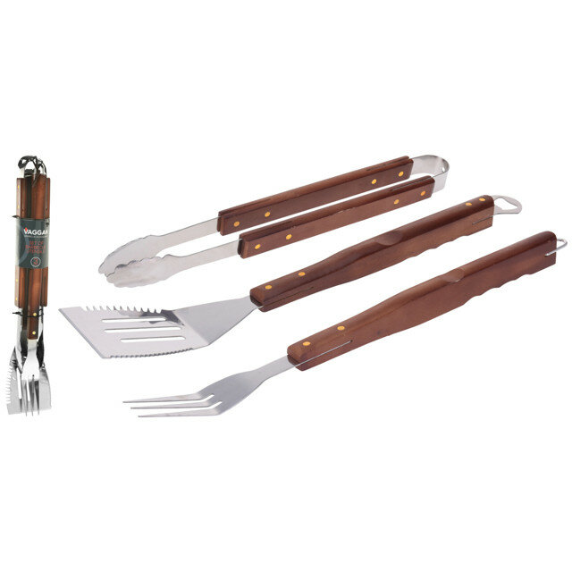 Набор приборов для гриля вилка лопатка щипцы 50 см нержавеющая сталь деревянная ручка