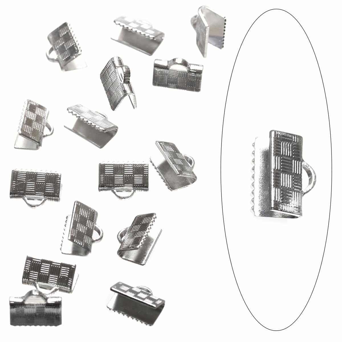 Концевики, 10х7мм (ширина 10мм), зажимы для ленты, в клеточку, базовый материал - латунь, серебристого цвета, пара
