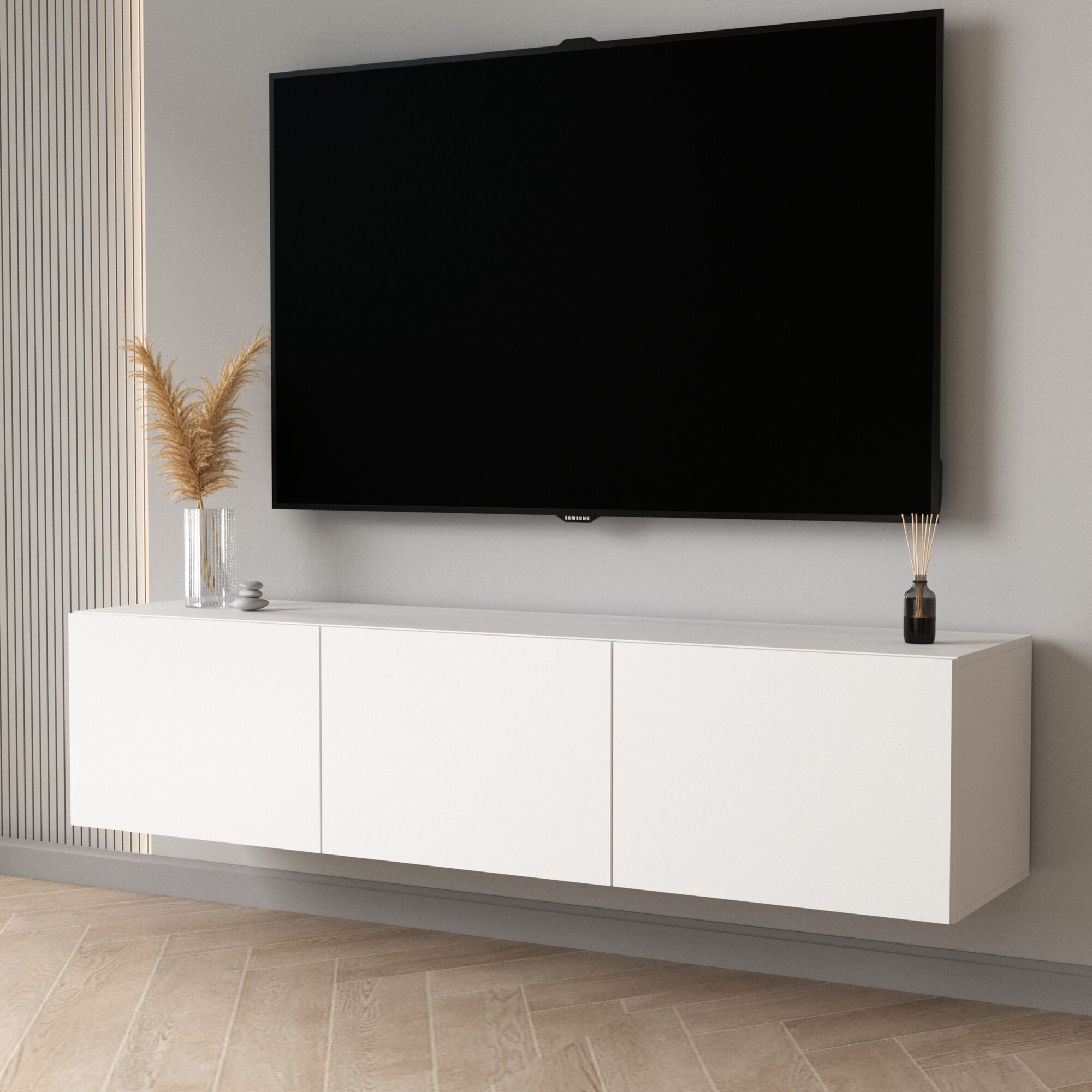 Тумба под телевизор подвесная, 150х35.4х36.6 см, белая